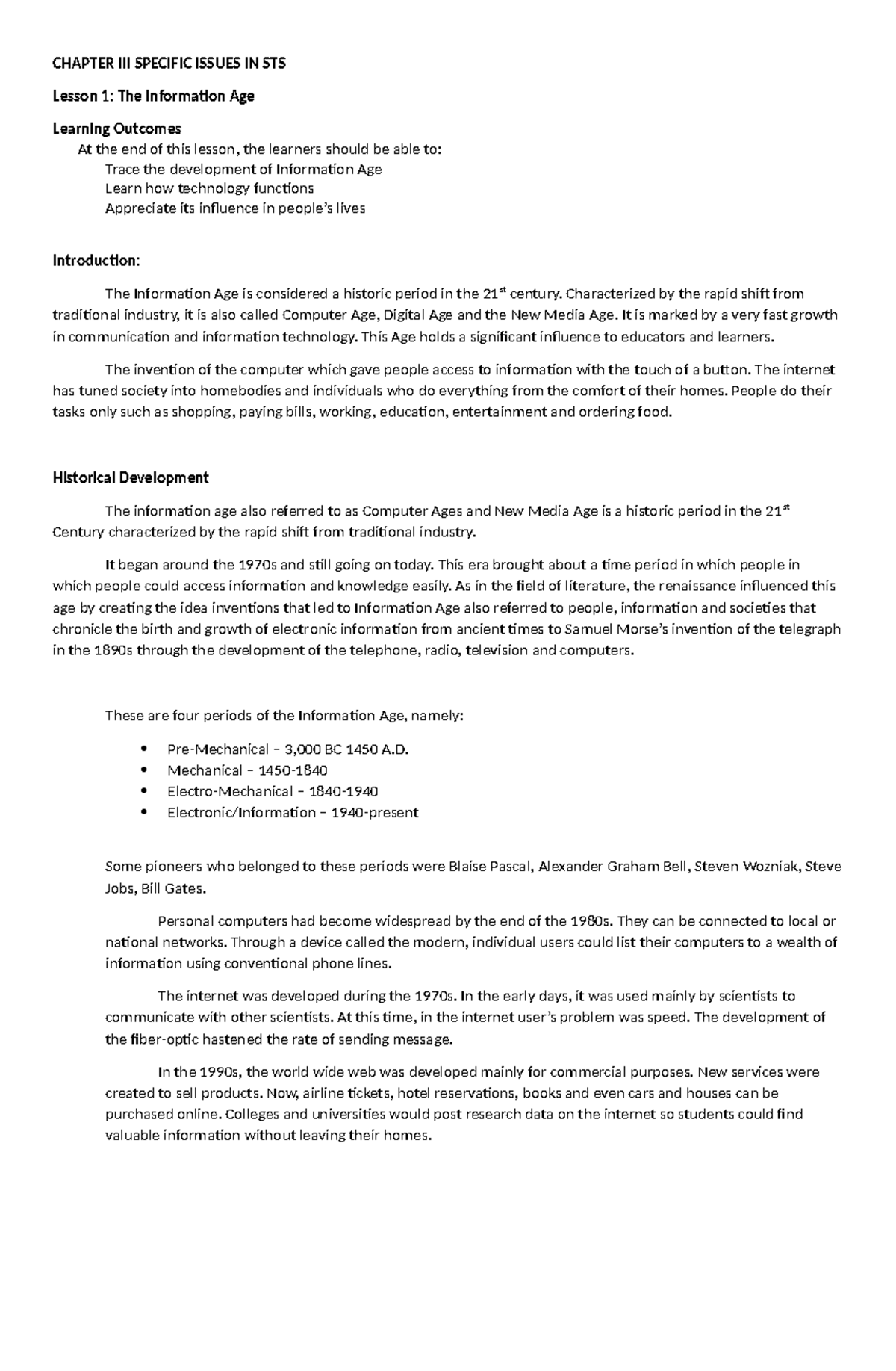 C3L1 The Information Age - CHAPTER III SPECIFIC ISSUES IN STS Lesson 1: The Information Age ...