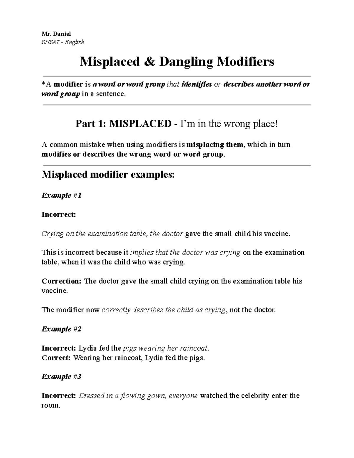 Mr. Daniel SHSAT English: Misplaced & Dangling Modifiers Overview - Studocu