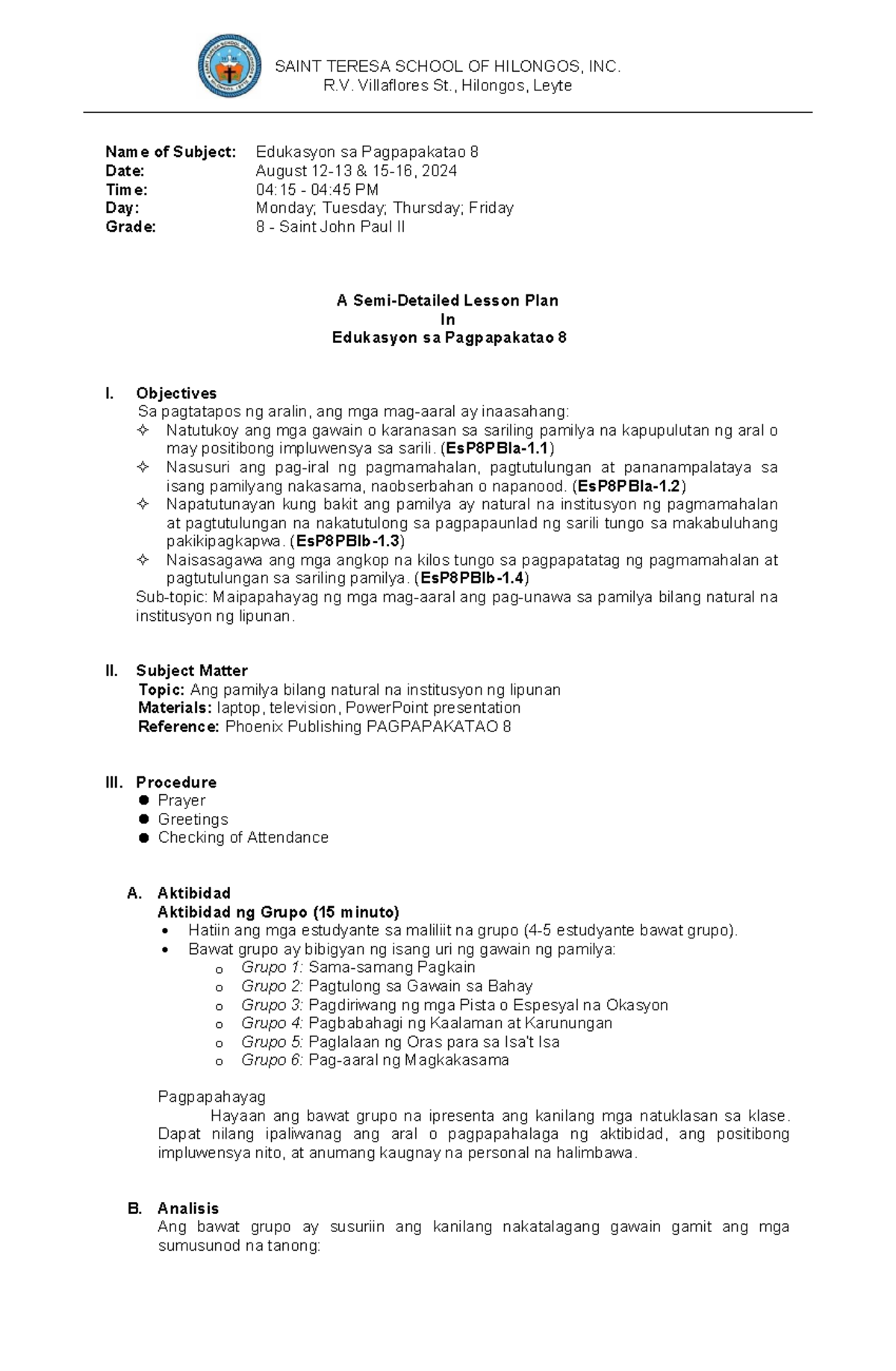 ESP 8 Lesson Plan: Pamilya Bilang Natural na Institusyon - Studocu