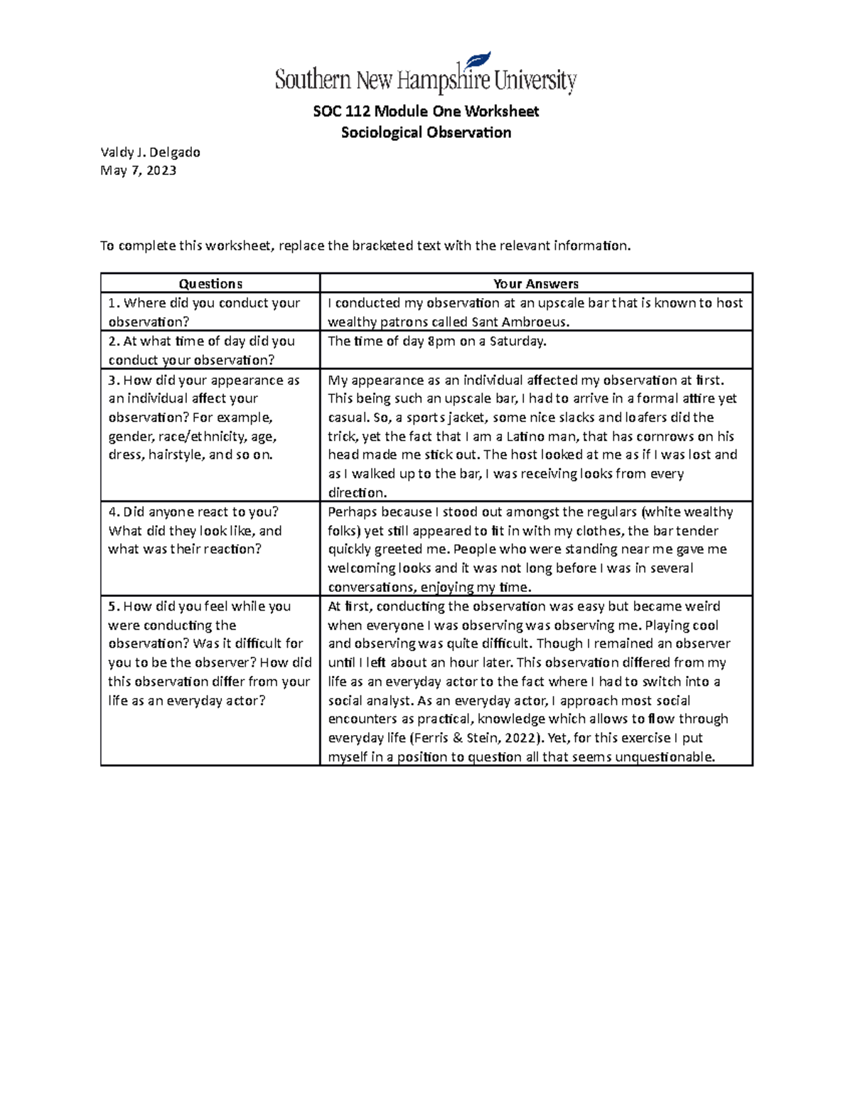 SOC 112 Module One Observational Worksheet Analysis - Studocu