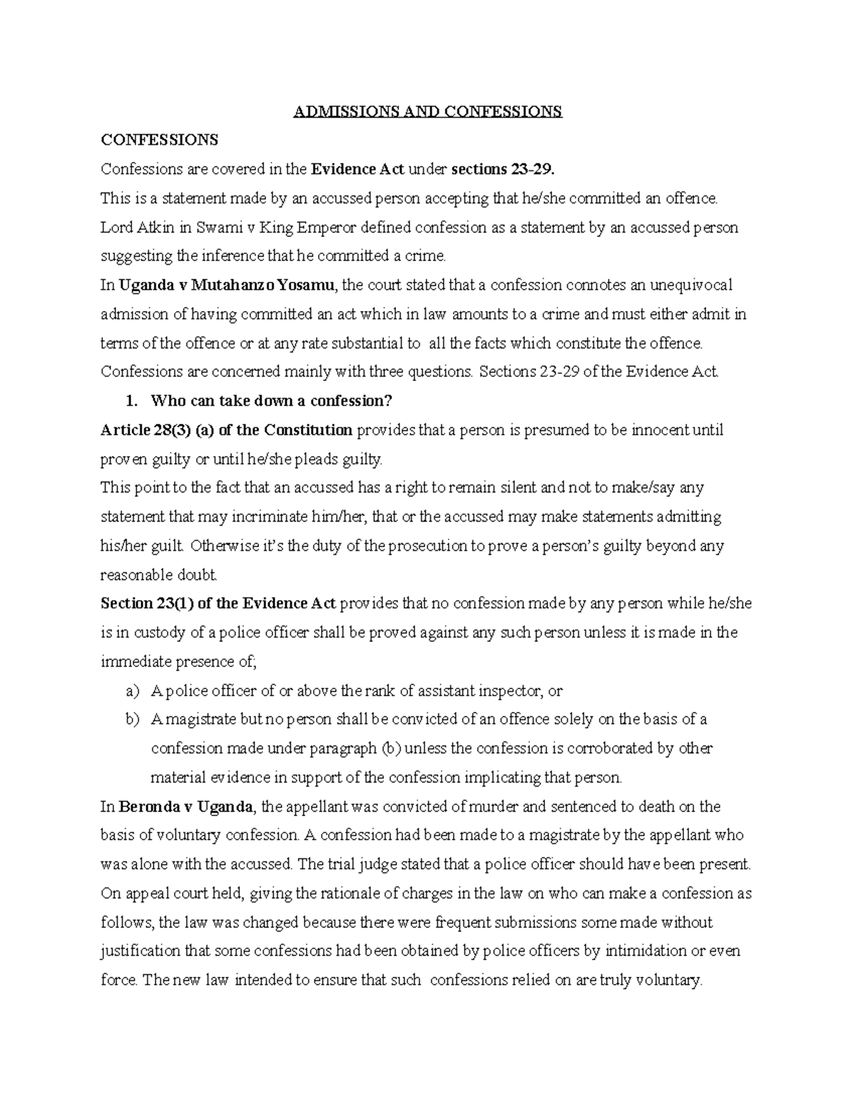 Evidence Law: Confessions and Threats (Sections 23-29 Analysis) - Studocu