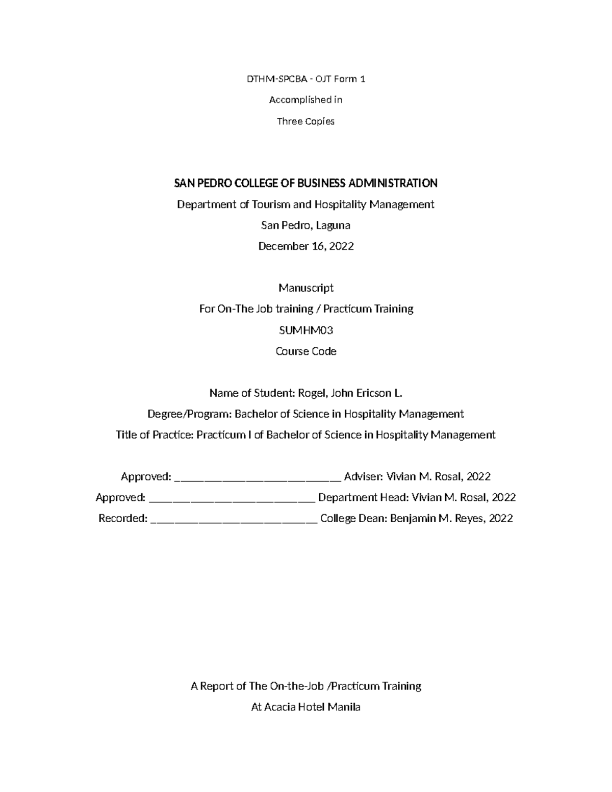 On-The-Job Training Report: BS Hospitality Mgt - Practicum I - Studocu