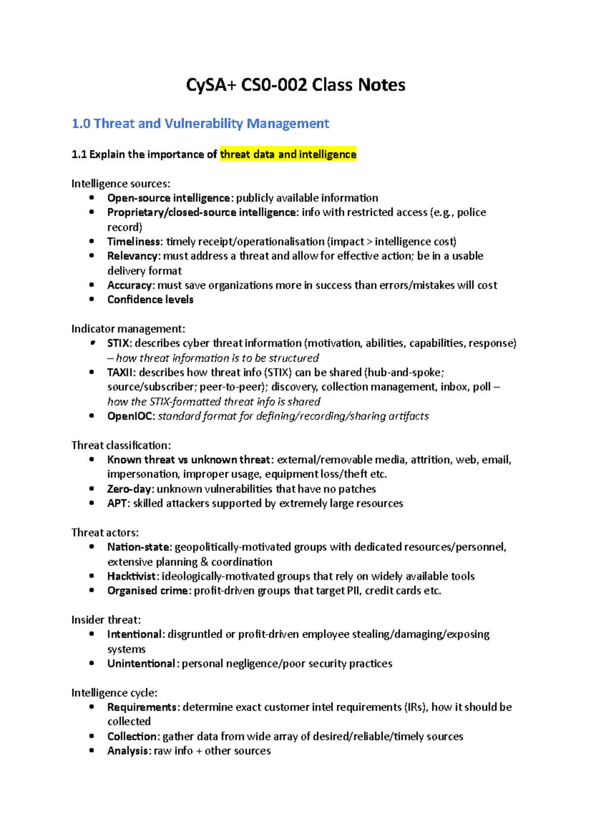 Cy SA+ CS0-002 Course Notes - CySA+ CS0-002 Class Notes 1 Threat and ...