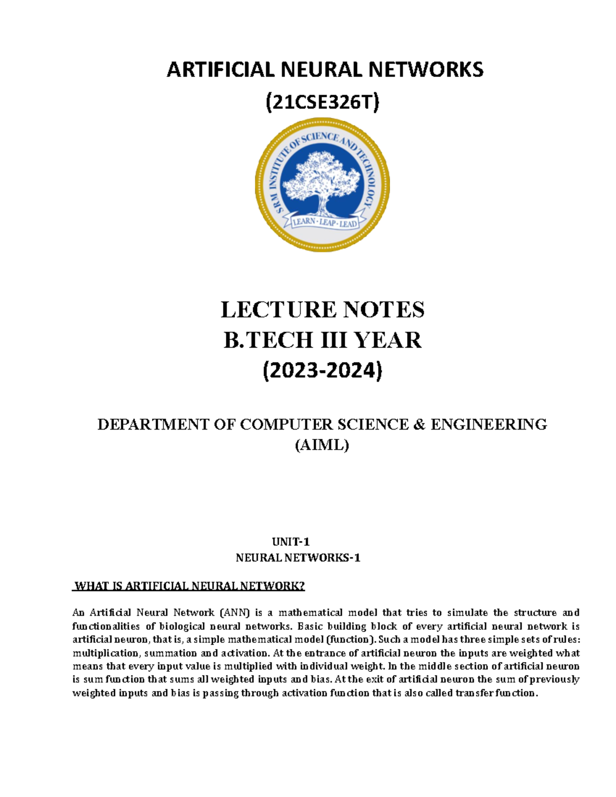 Unit-1 Lecture Notes on Artificial Neural Networks (21CSE326T) - Studocu