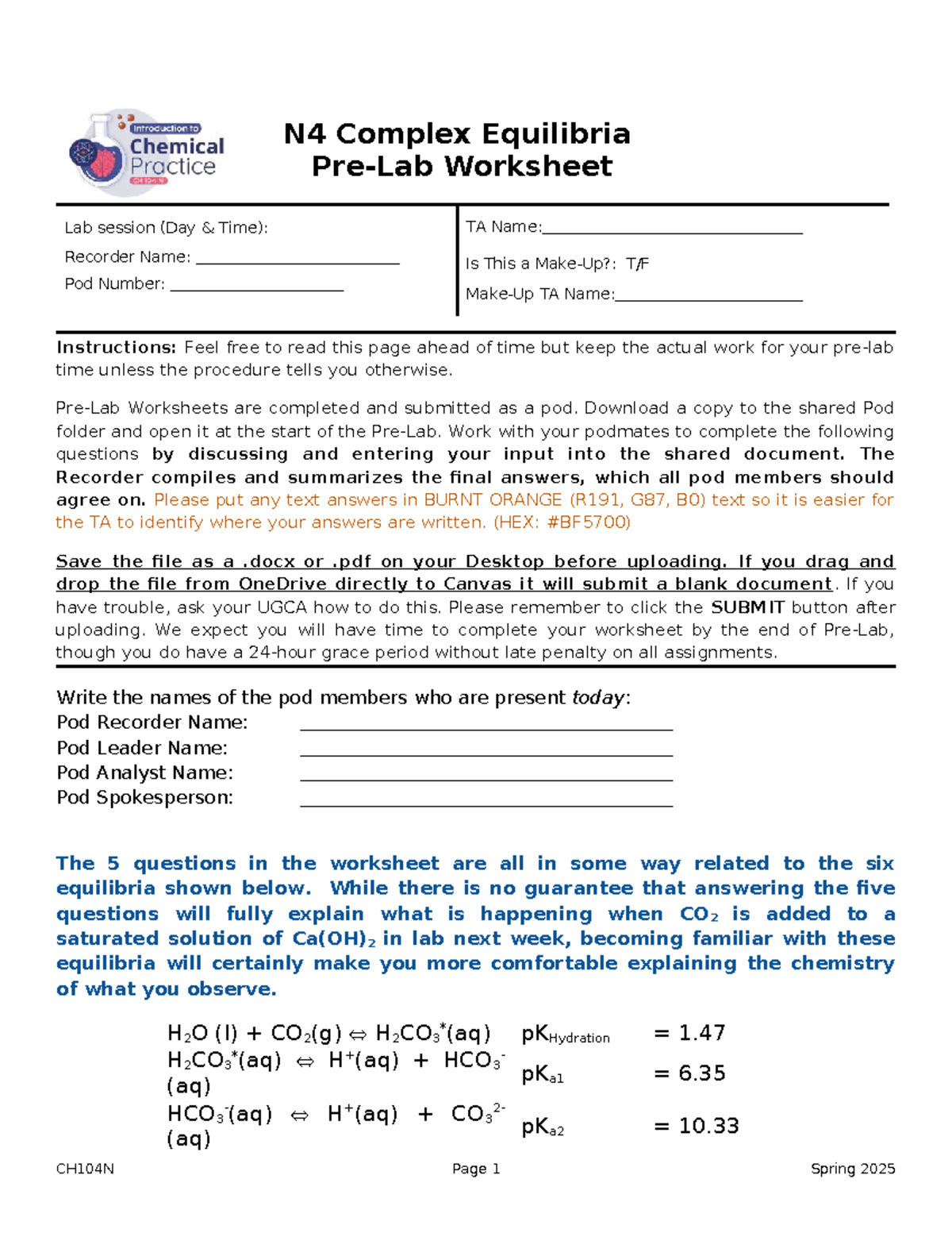 CH104N N4 Complex Equilibria Pre-Lab Worksheet for Spring 2025 - Studocu