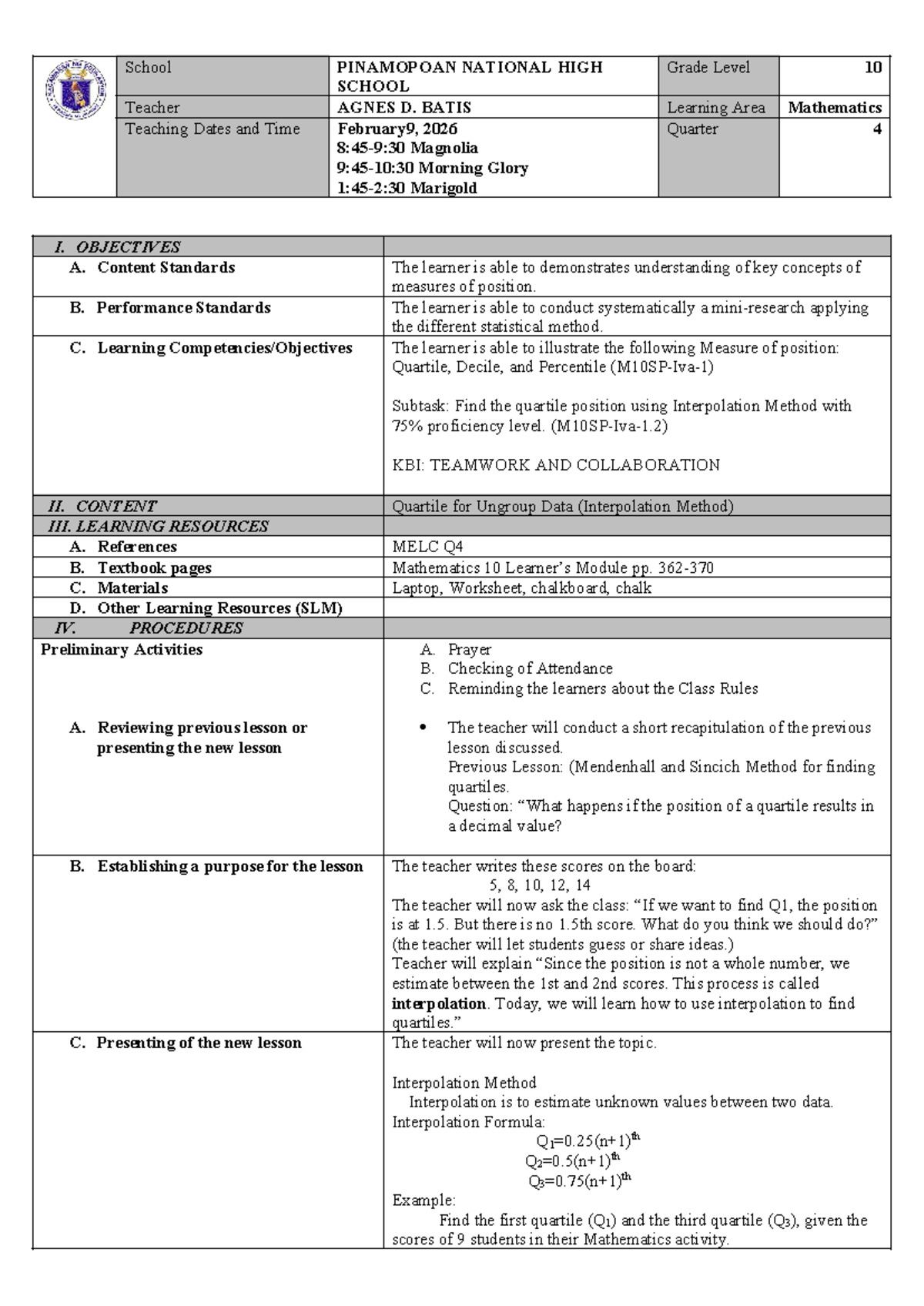 MATH 10 Lesson Plan: Understanding Quartiles & Interpolation Method ...