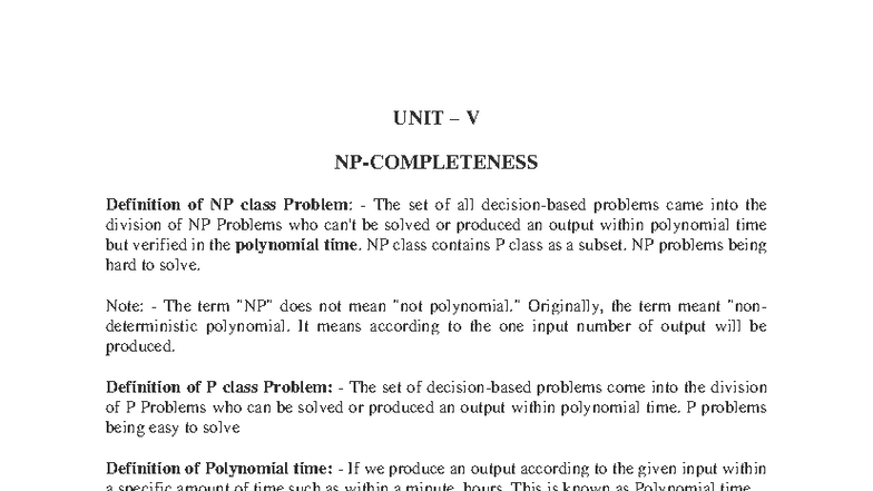 Unit V: NP Class Problems and Polynomial Time Concepts - GUD - Studocu