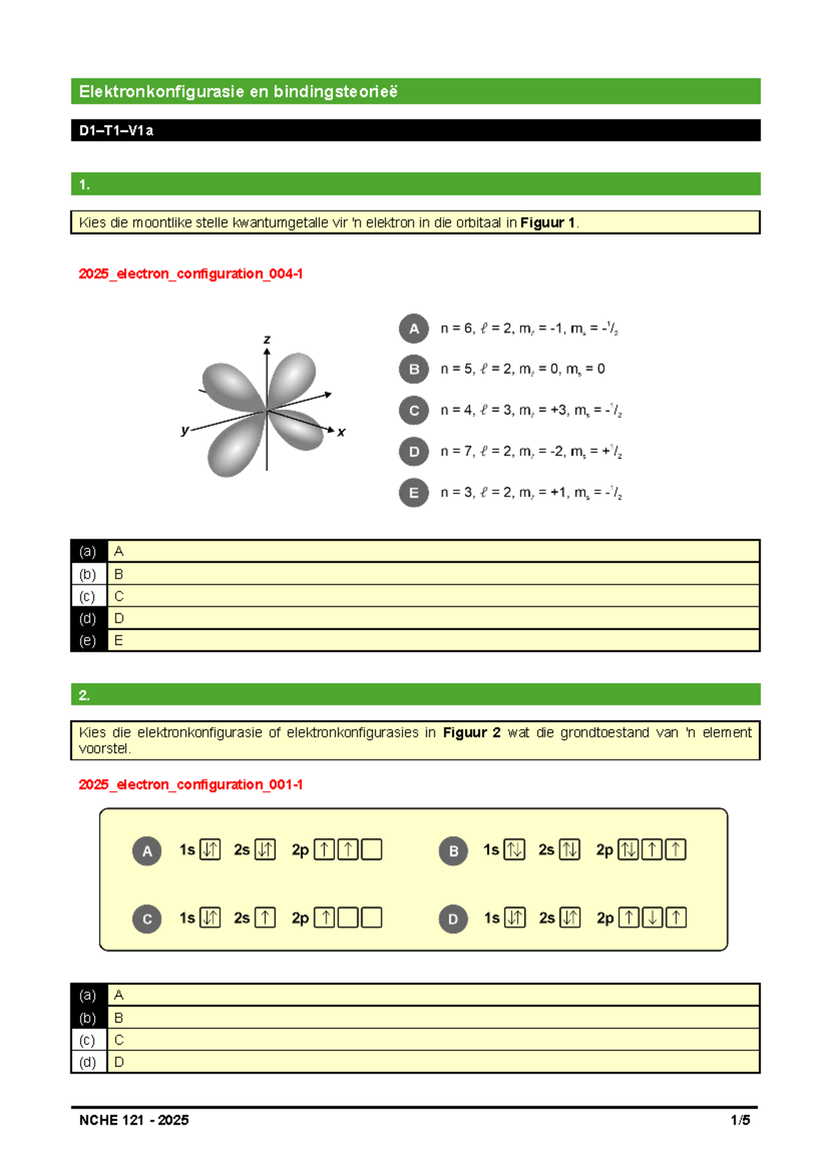 NCHE 121 2025: Elektronkonfigurasie en Bindingsteorieë - Memo - Studocu