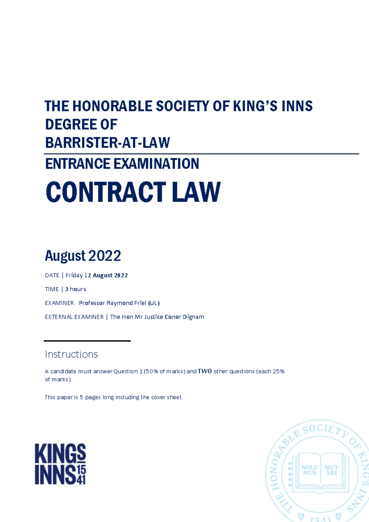 Entrance Exam 2022: Contract Law Analysis and Case Studies - Studocu