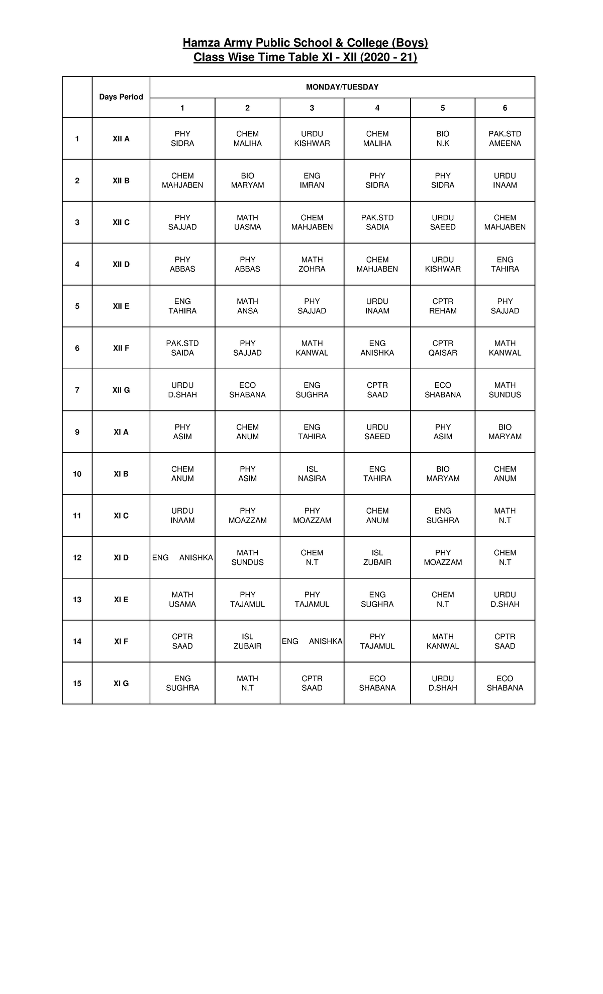Hamza Army Public School College XI XII Time Table (2020-21) - Studocu