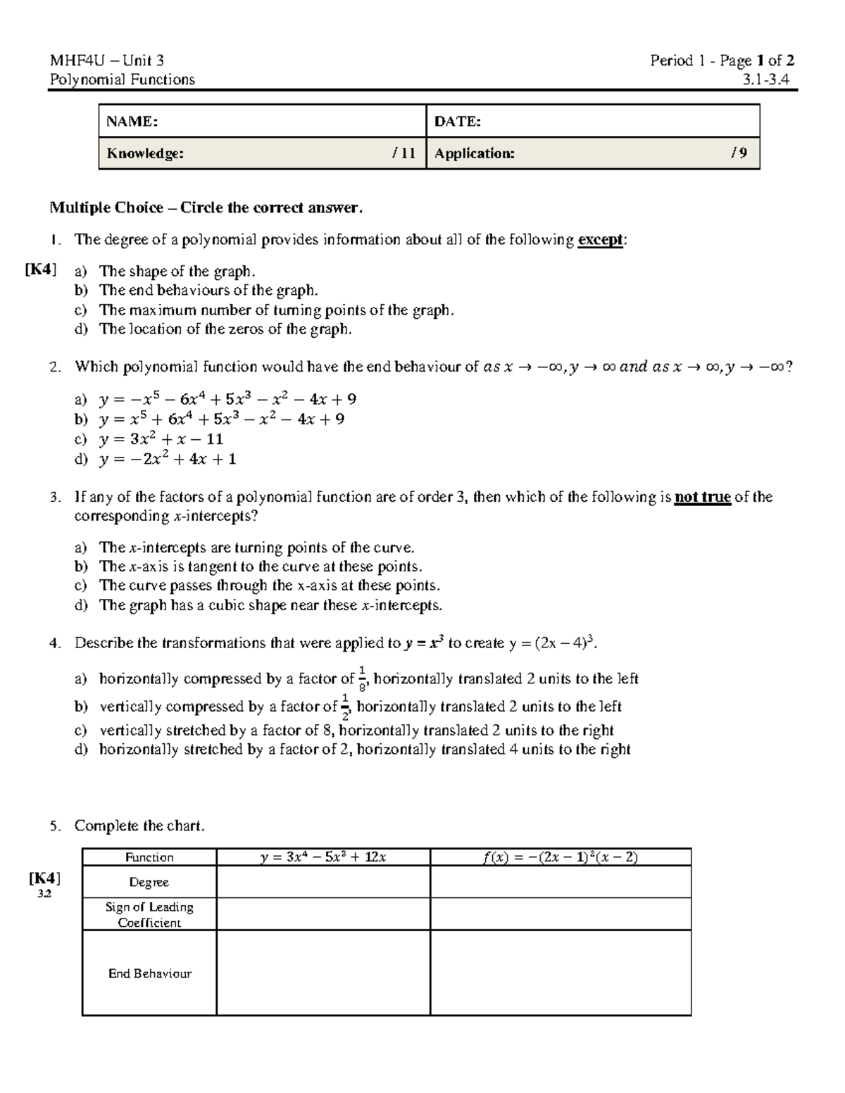 MHF4U Unit 3 Quiz: Polynomial Functions and Applications 2022 - Studocu