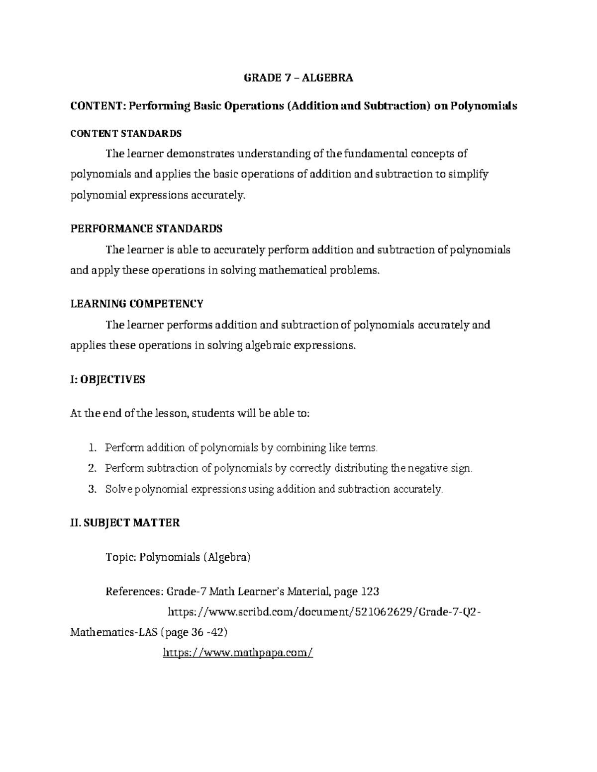 GRADE 7 MATH: Adding & Subtracting Polynomials Lesson Plan - Studocu