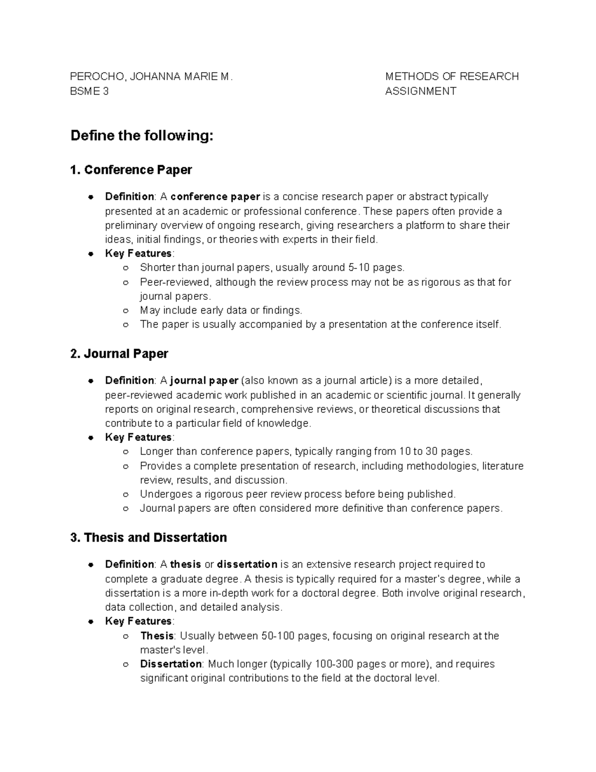 BSME 3 Methods of Research Assignment Overview and Key Definitions ...