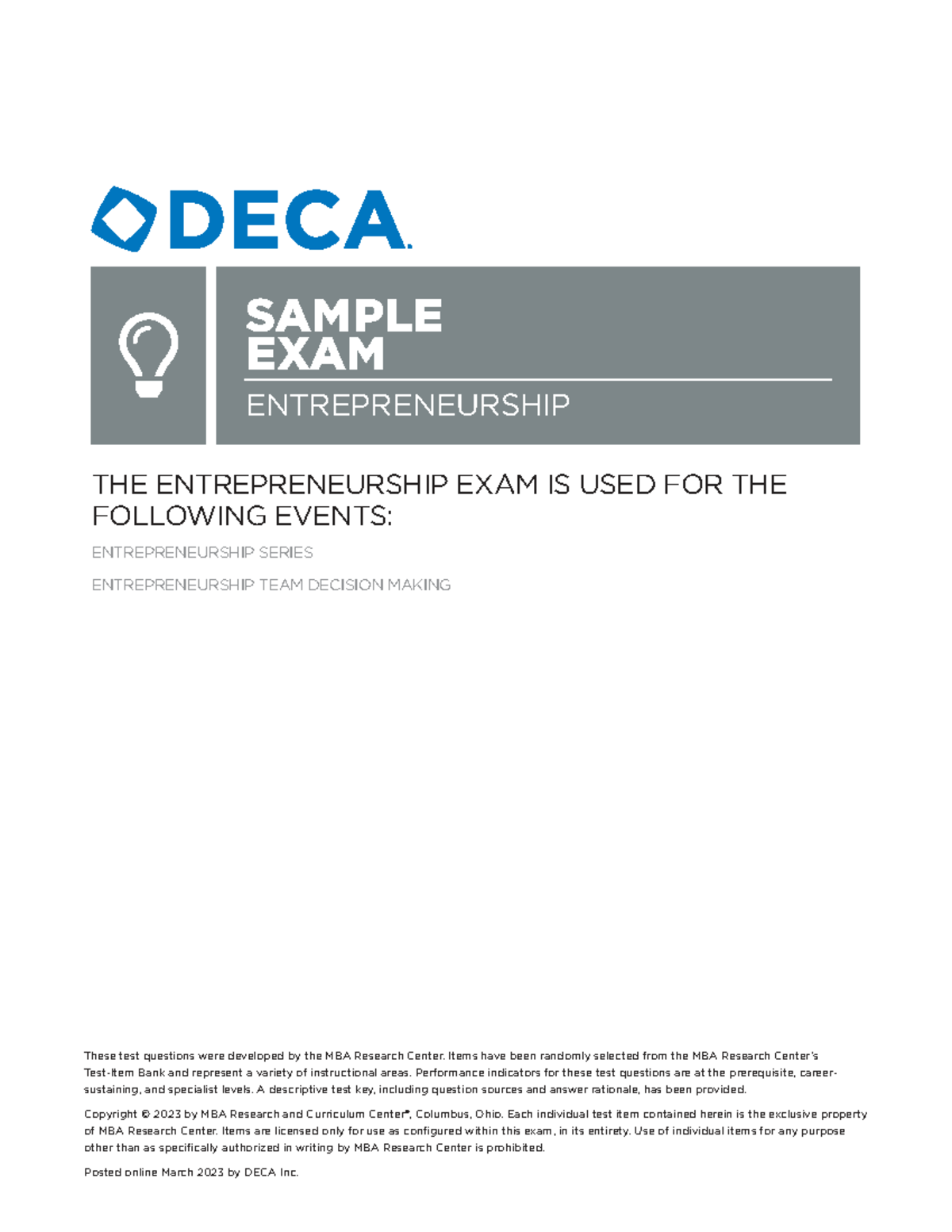 HS Entrepreneurship Sample Exam 1268: Comprehensive Test Questions ...