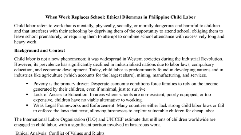 Ethics Case Study: Child Labor Dilemmas in the Philippines - Studocu