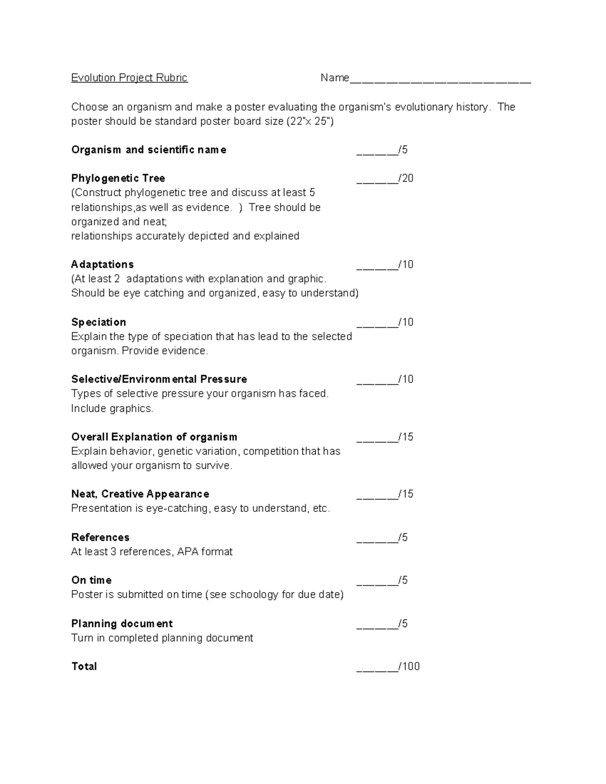 Evolution Project Rubric: Evaluating Organism's Evolutionary History ...
