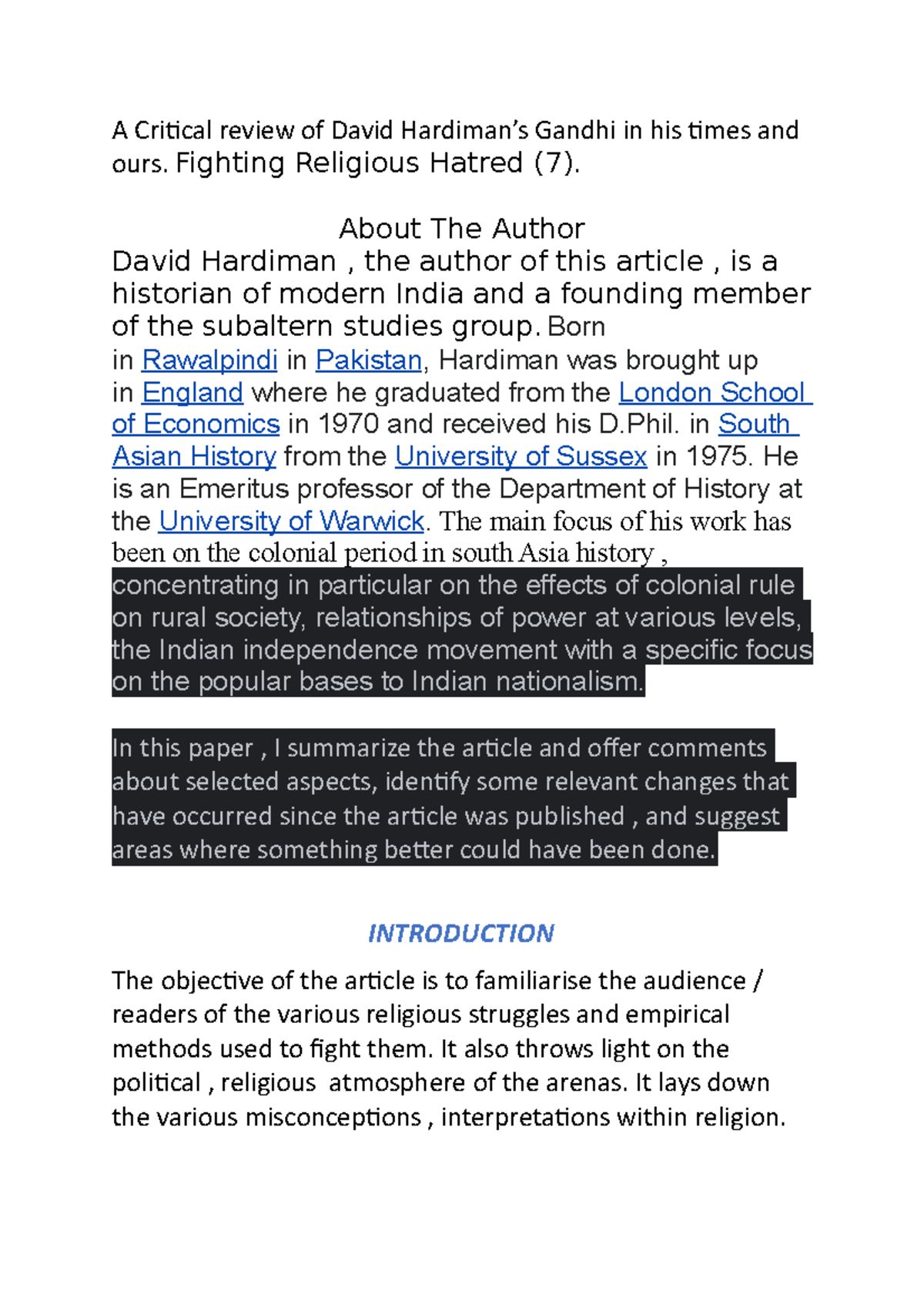 A Critical Review of David Hardiman's Work on Gandhi's Ideology - Studocu