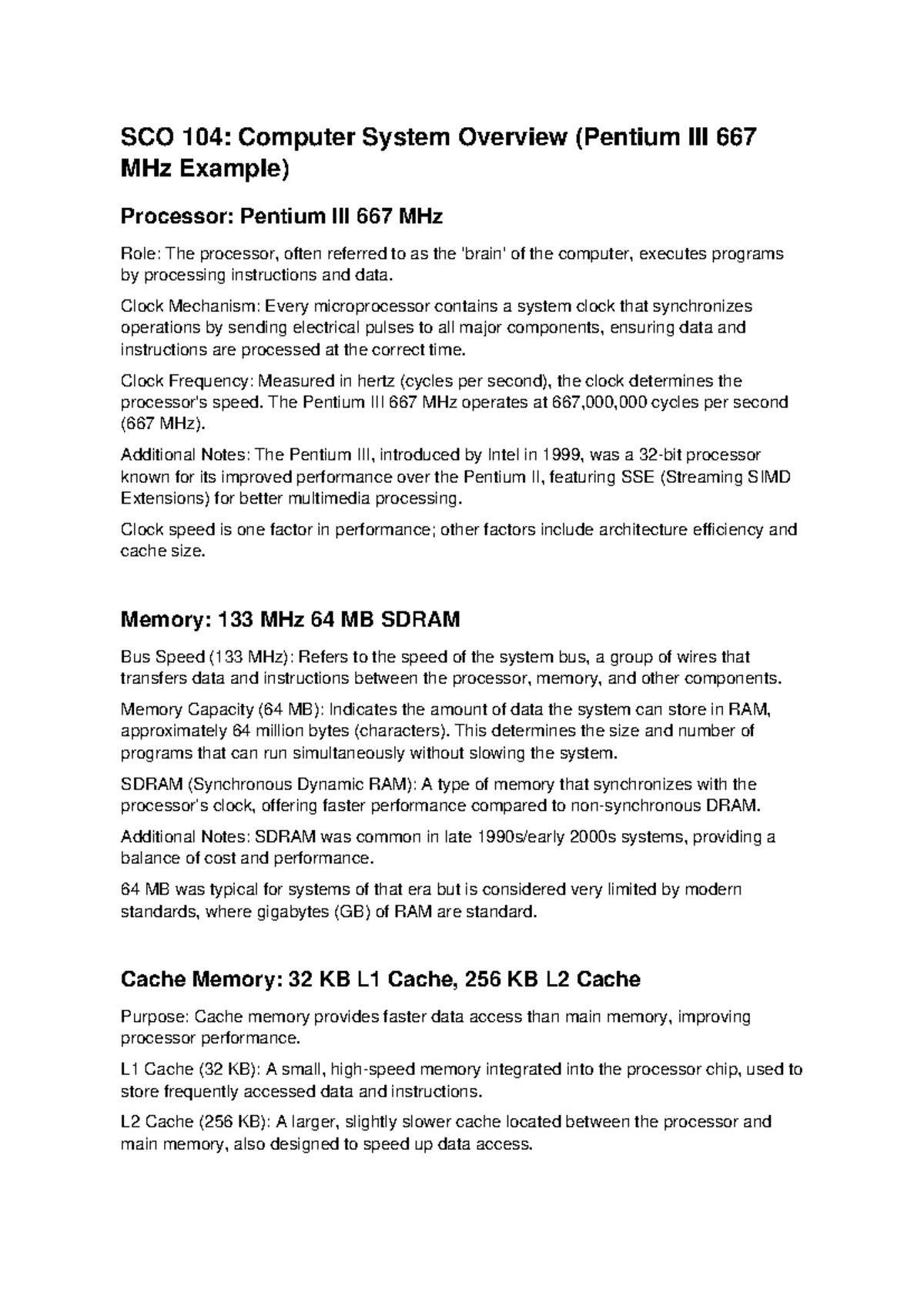 SCO 104: Overview of Pentium 667 MHz Computer System Components - Studocu