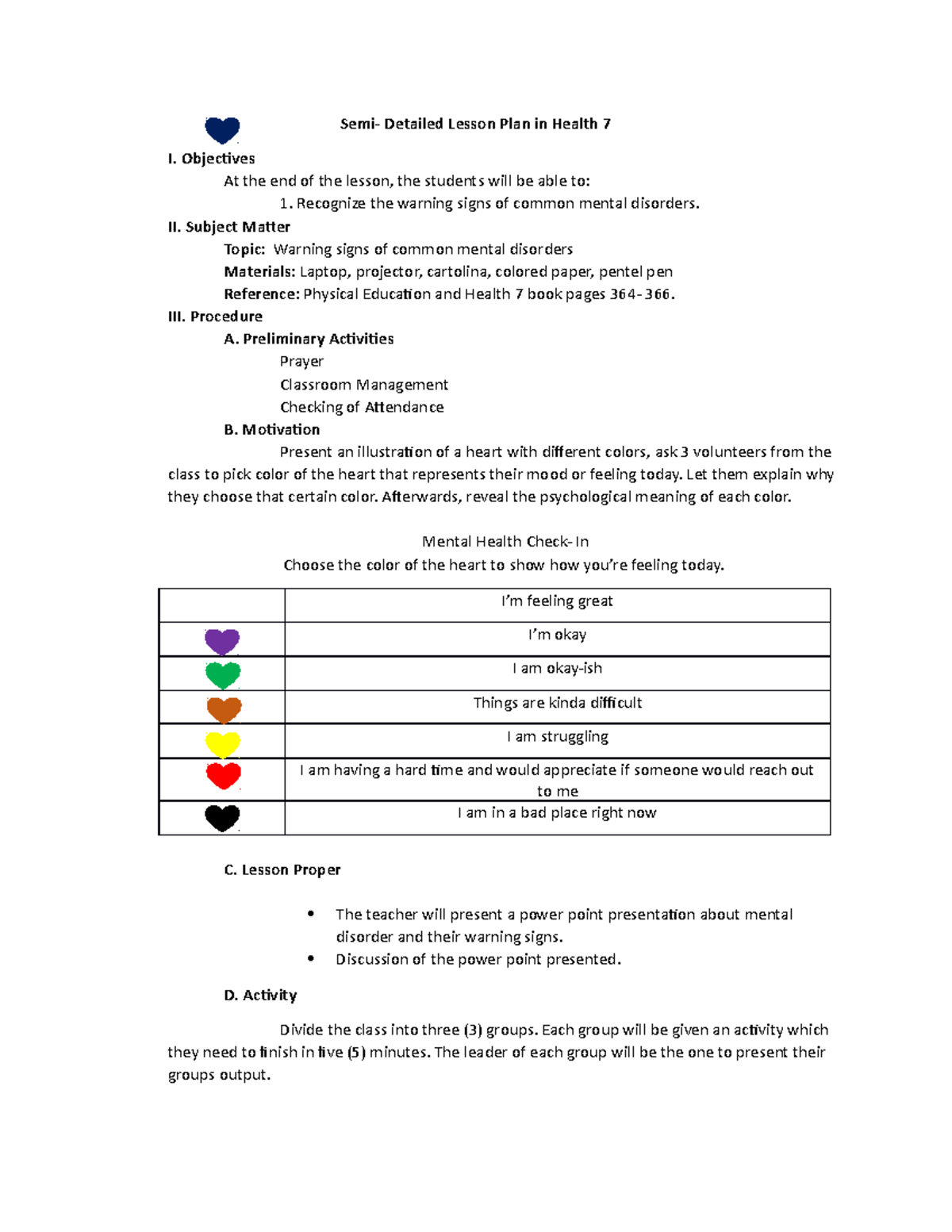 H7 Semi-Detailed Lesson Plan on Mental Disorders & Their Signs - Studocu