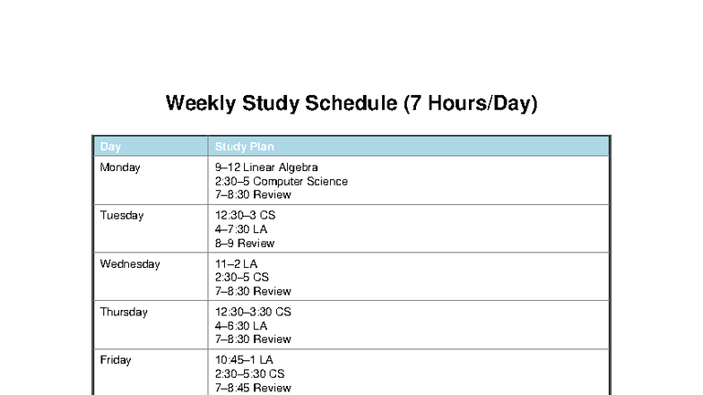 Weekly study schedule - This is it - WRI-UF - 9101 - Weekly Study ...