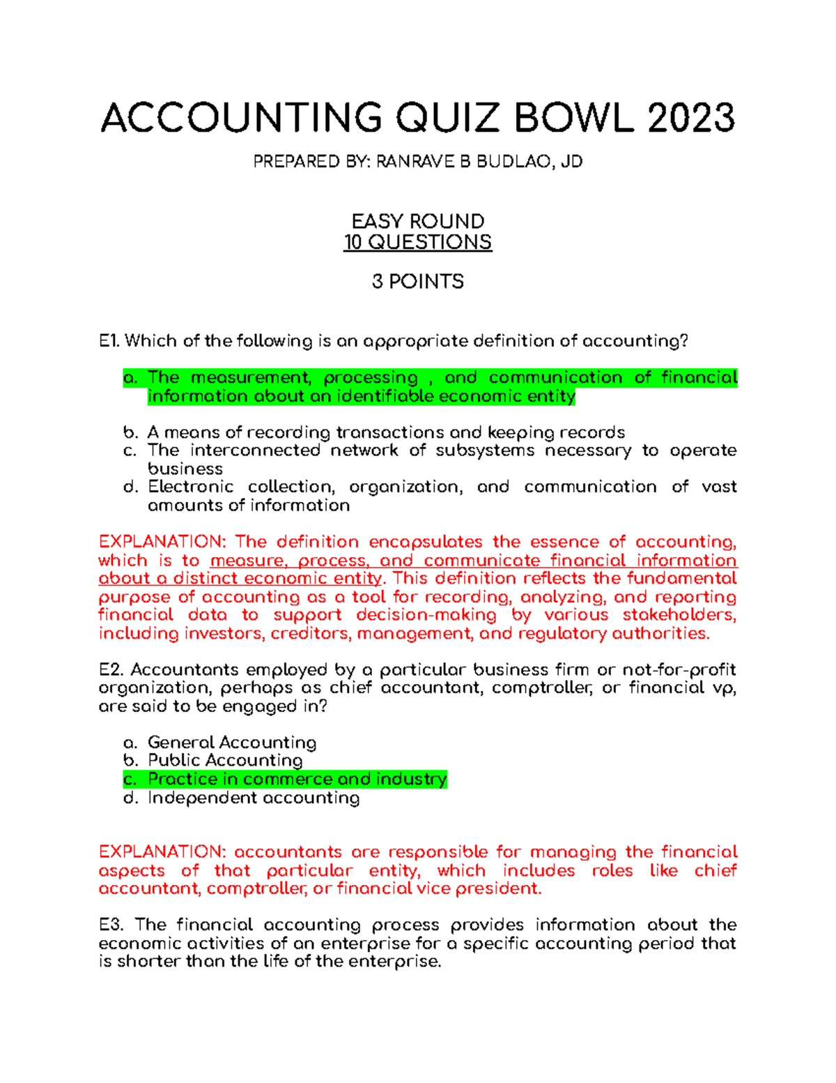 Accounting QUIZ BOWL 2023 Review - 30 Questions with Explanations - Studocu