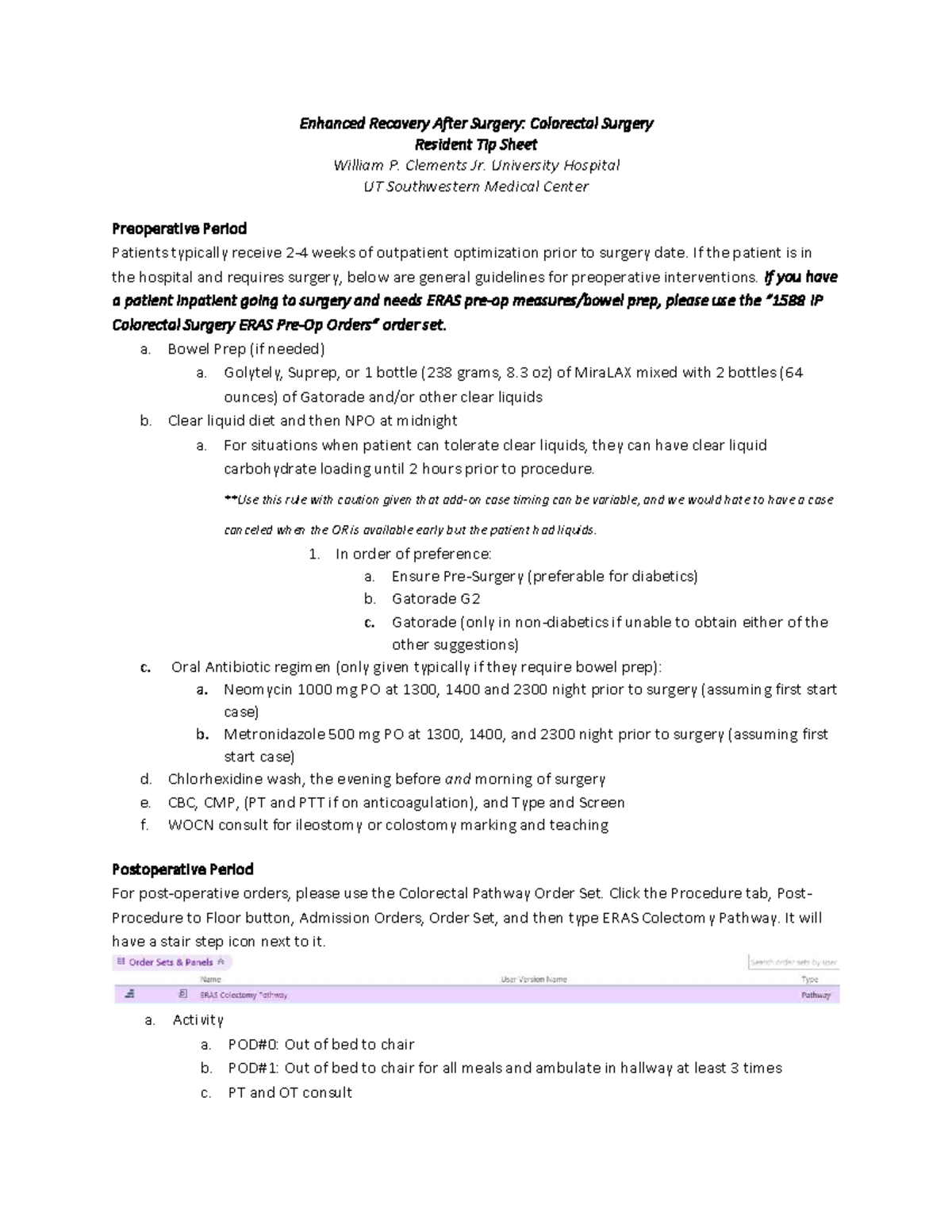 Colorectal Surgery ERAS Resident Tip Sheet: Pre & Postoperative ...