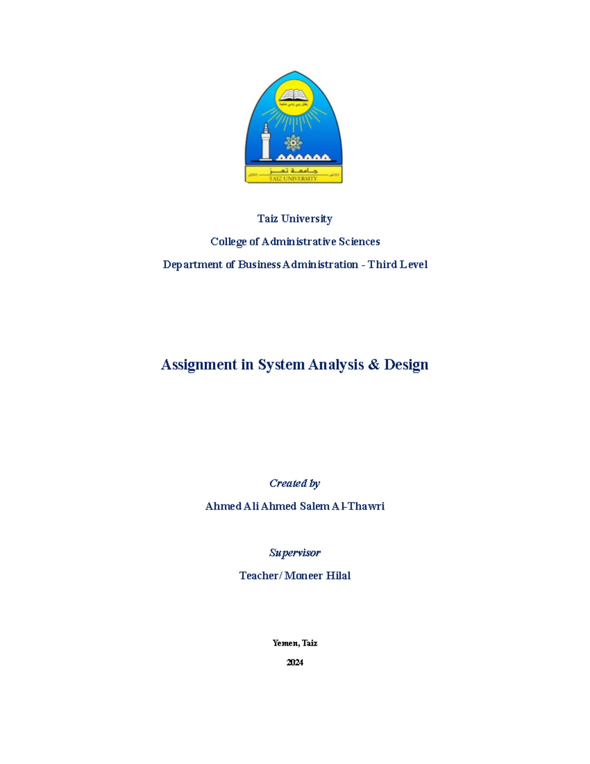 Assignmentin System Analysis&Design - Taiz University College of ...