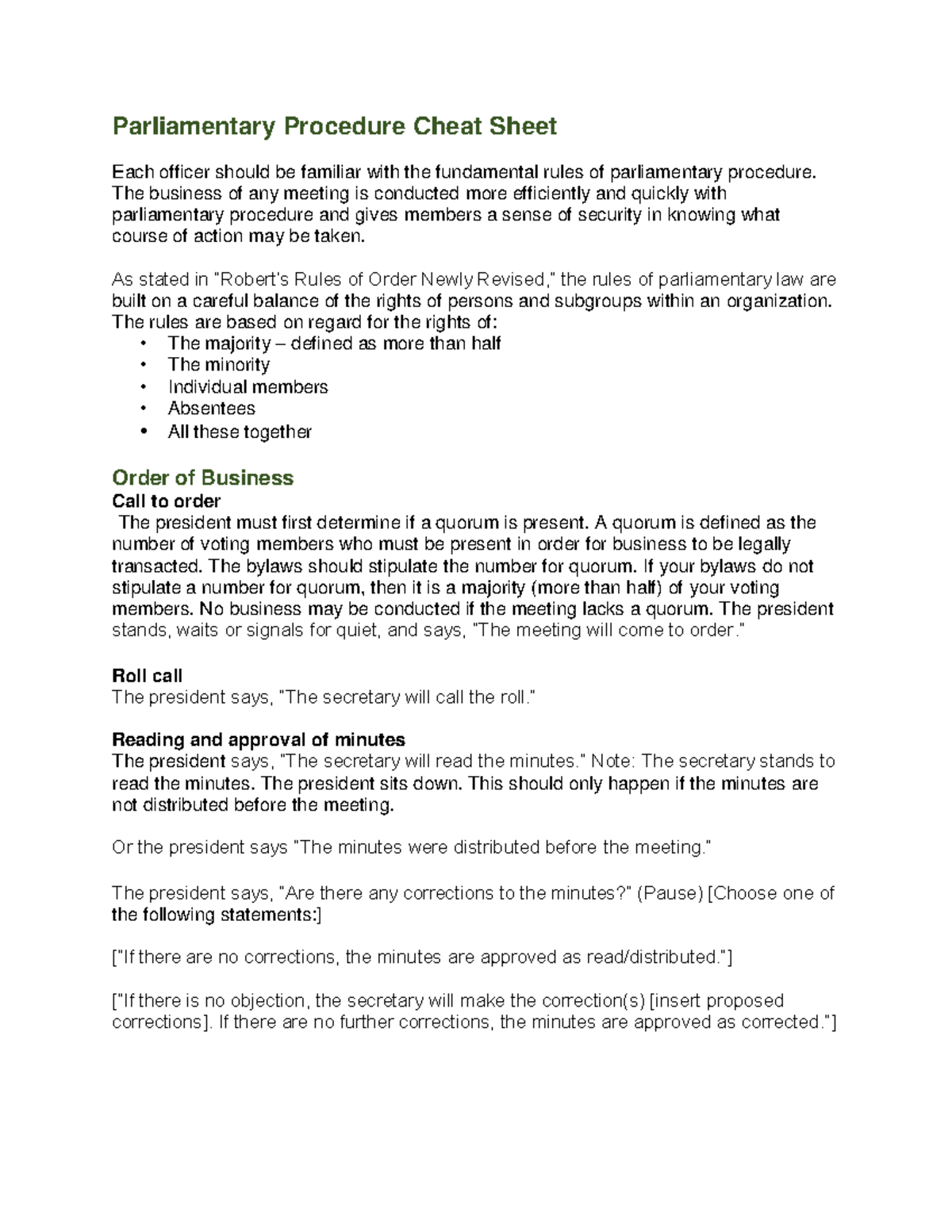 Parliamentary Procedure Cheat Sheet (Quick Reference Guide) - Studocu