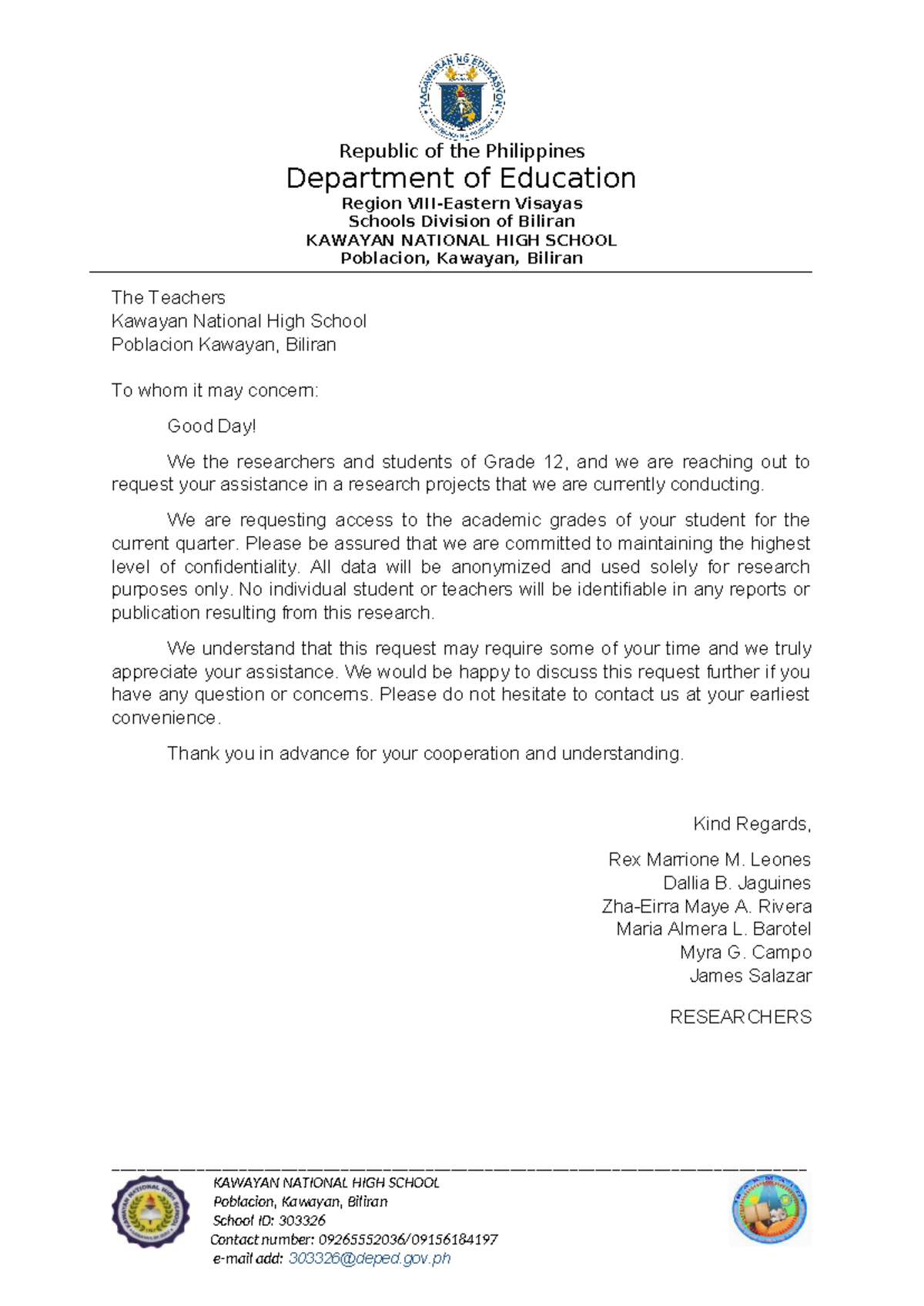 Appendix C - Grade Request Letter for Research (Grade 12) - Studocu