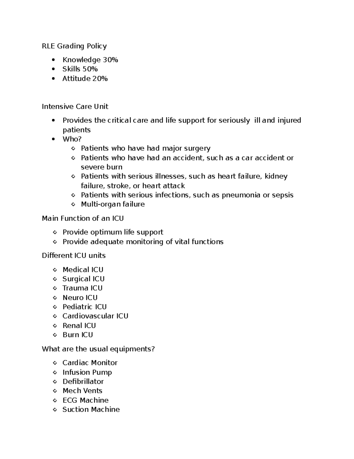 ICU - Basics of ICU - RLE Grading Policy Knowledge 30% Skills 50% ...