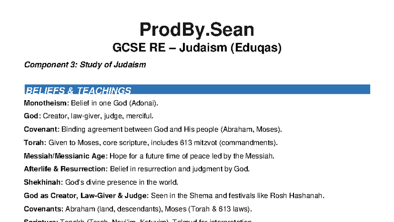 GCSE RE Judaism Revision Notes (Eduqas) - Component 3: Beliefs ...