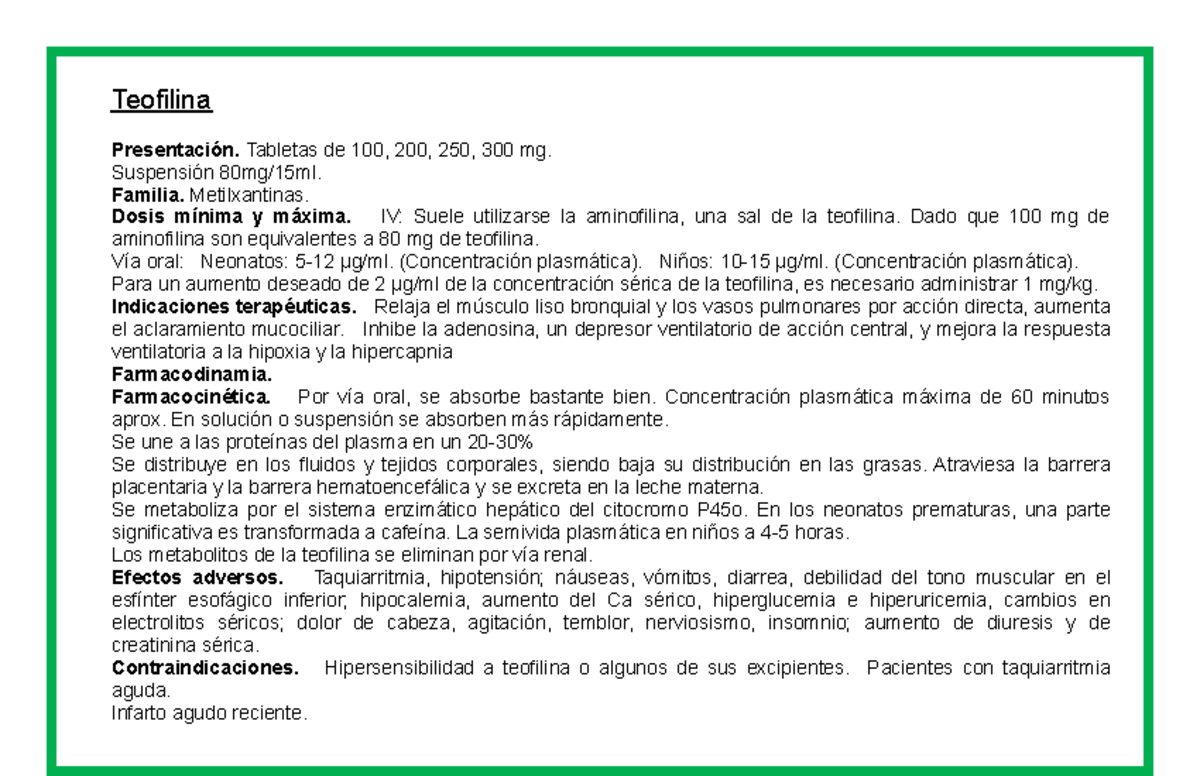 Teofilina: Monografía y Dosis en Tabletas y Suspensión - Studocu