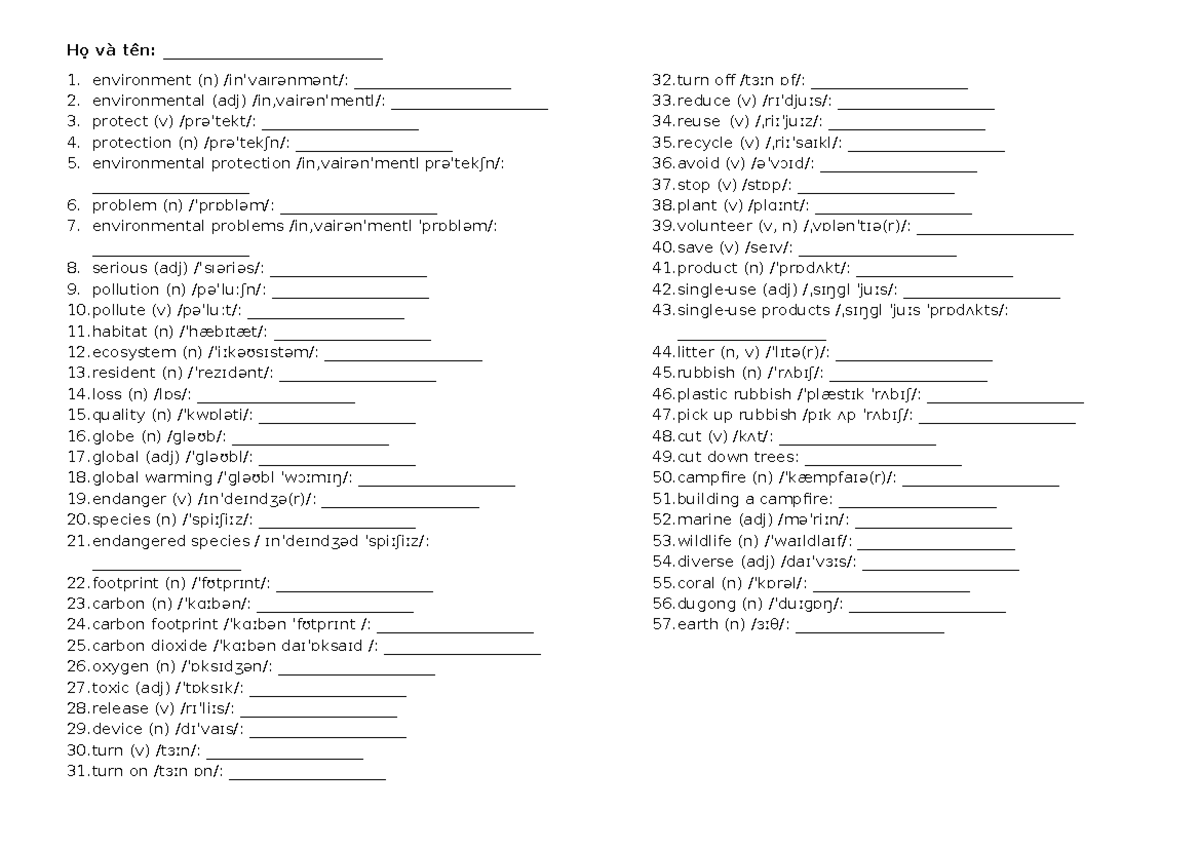 Từ vựng về Môi Trường - TRẢ BÀI U7 - Studocu