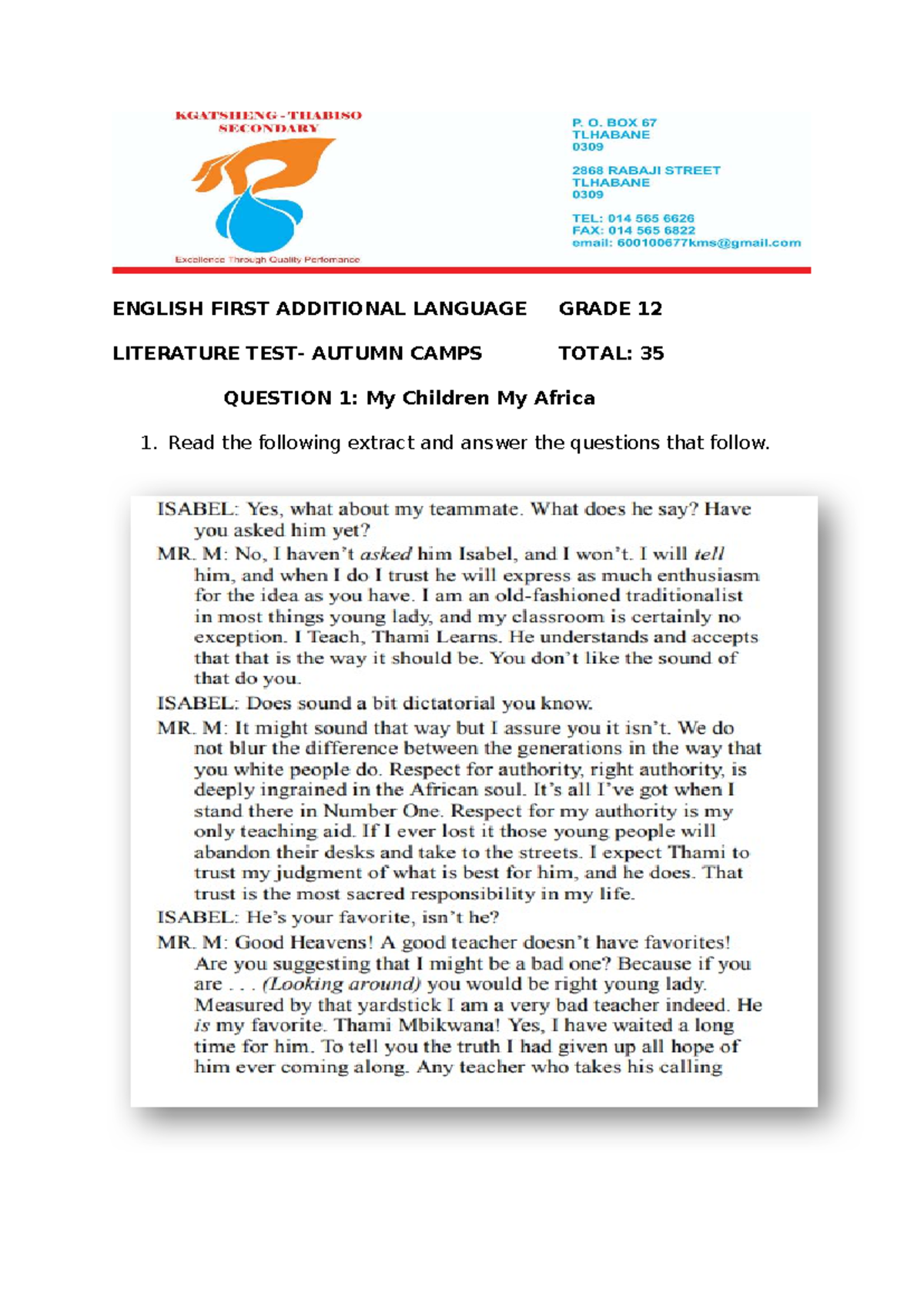 ENGLISH FIRST ADDITIONAL LANGUAGE GRADE 12 LITERATURE TEST NOTES - Studocu