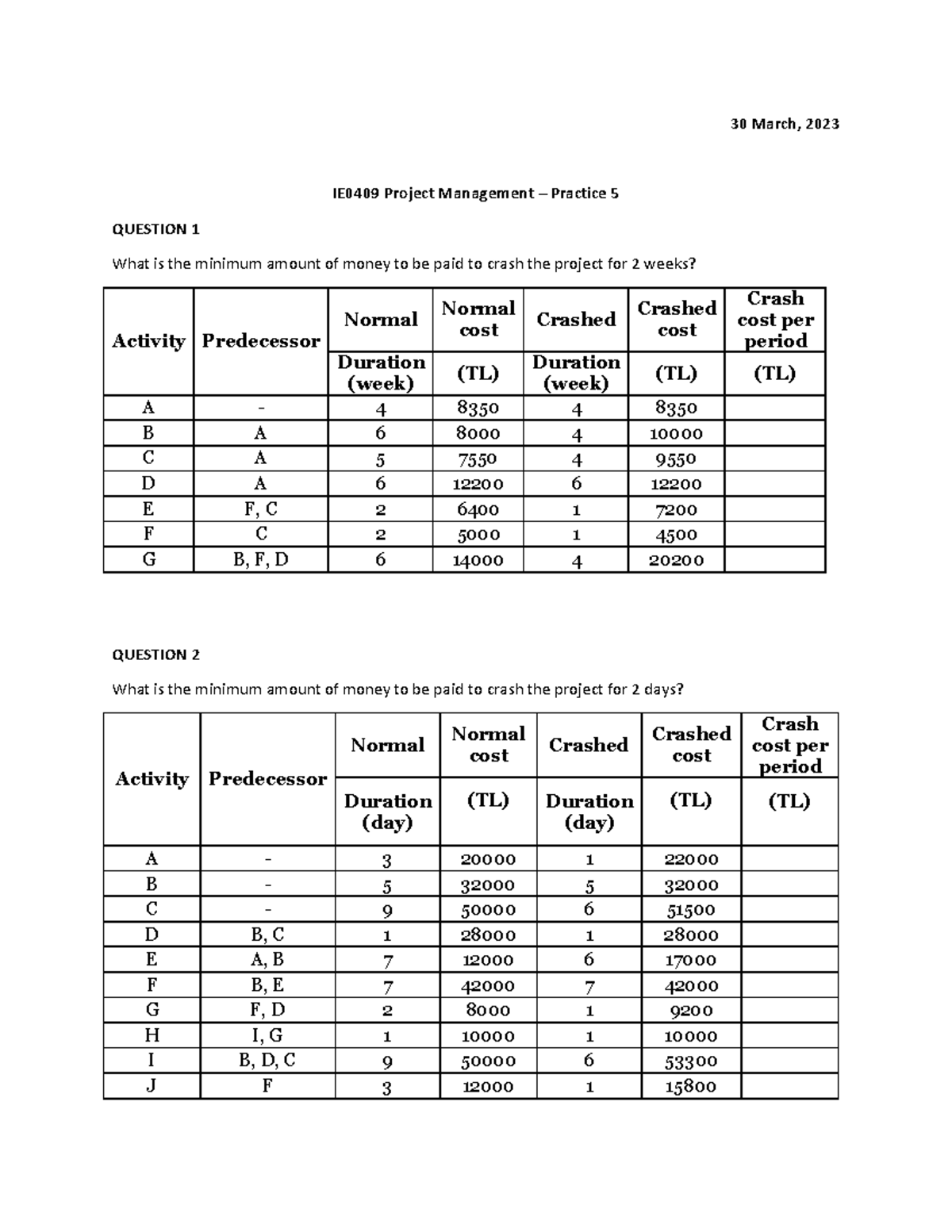 IE0409 Practice 5 - Solutions for Crashing Project Questions - Studocu