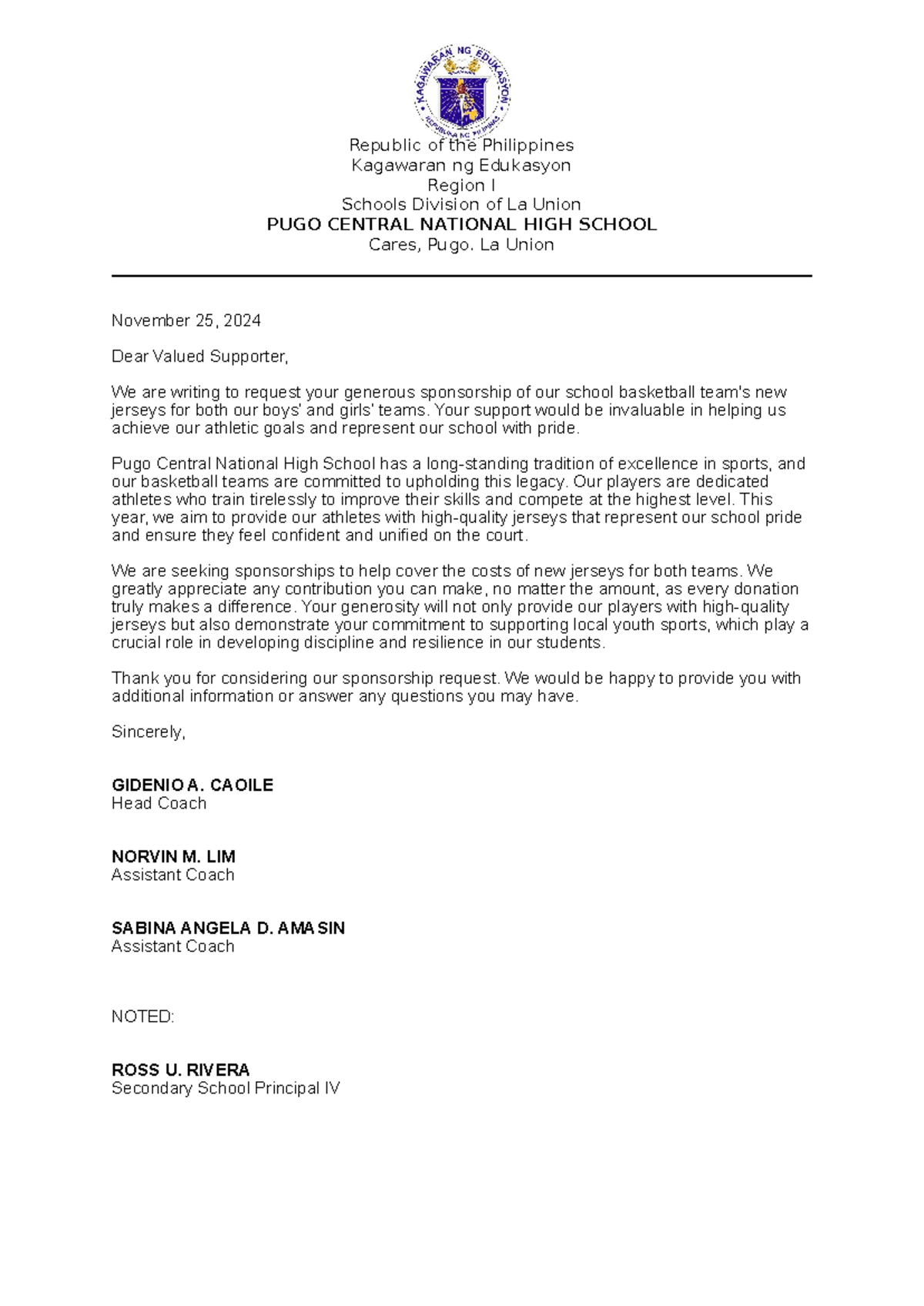 Jersey Sponsorship Solicitation Letter for Basketball Teams - Studocu