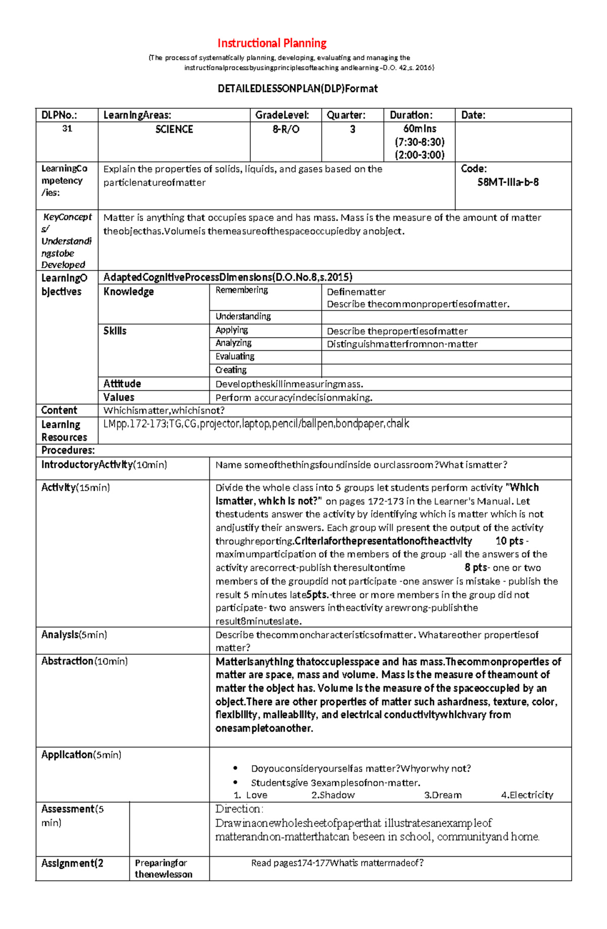 DLP G8 Science Lesson Plan Samples for Understanding Matter - Studocu