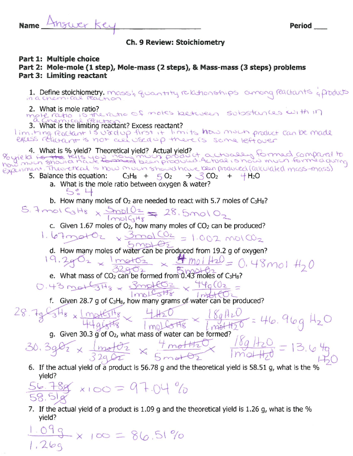 Ch. 9 Review Answer Key: Stoichiometry Concepts & Problems - Studocu