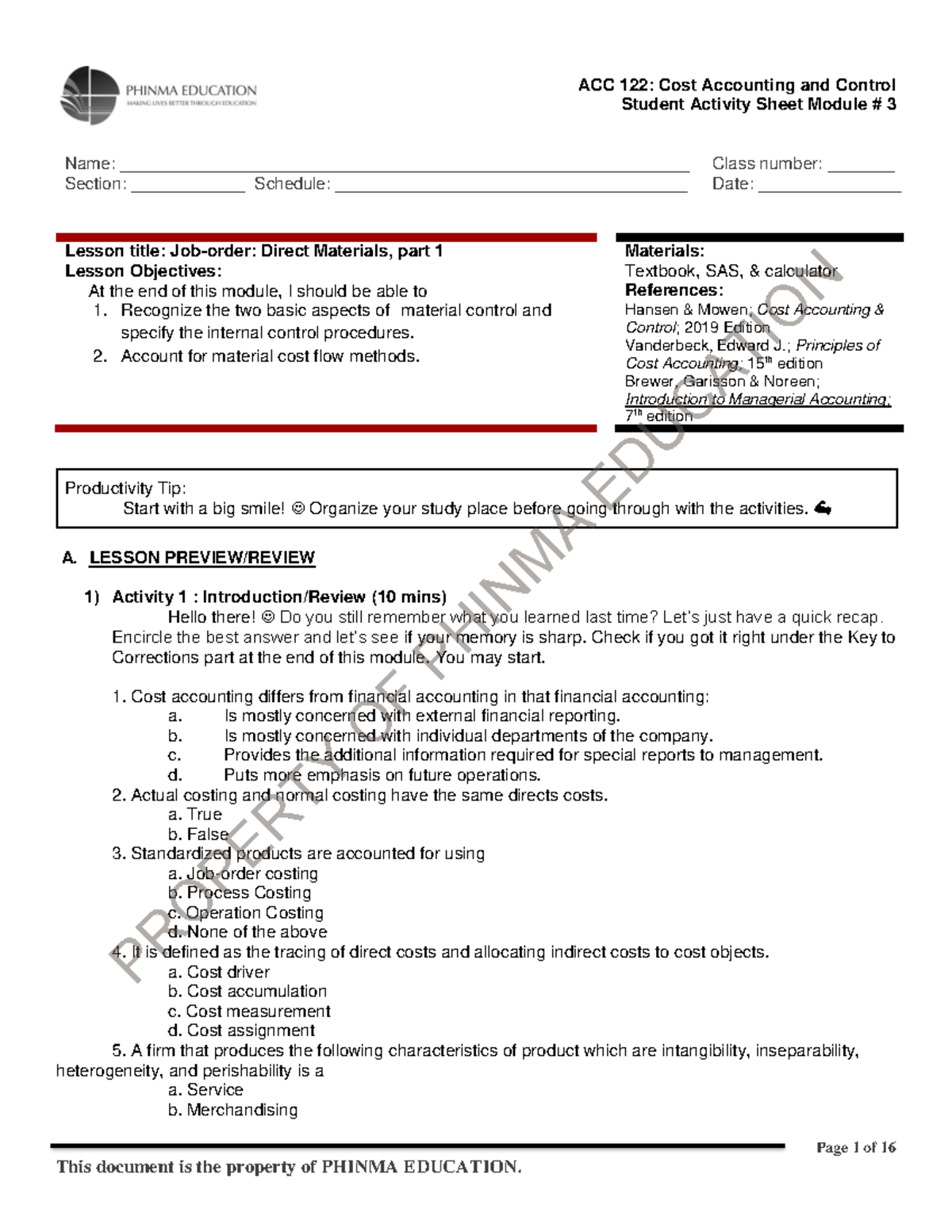 ACC-122 SAS Module 3 - Lesson on Job-Order and Material Control - Studocu