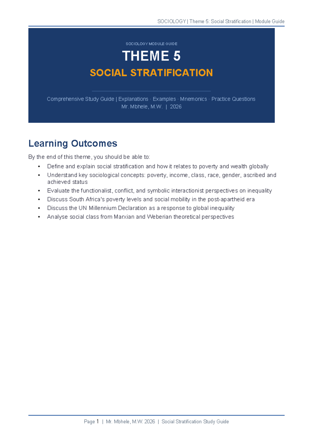 SOCIOLOGY Module Guide: Theme 5 - Social Stratification Study Notes ...