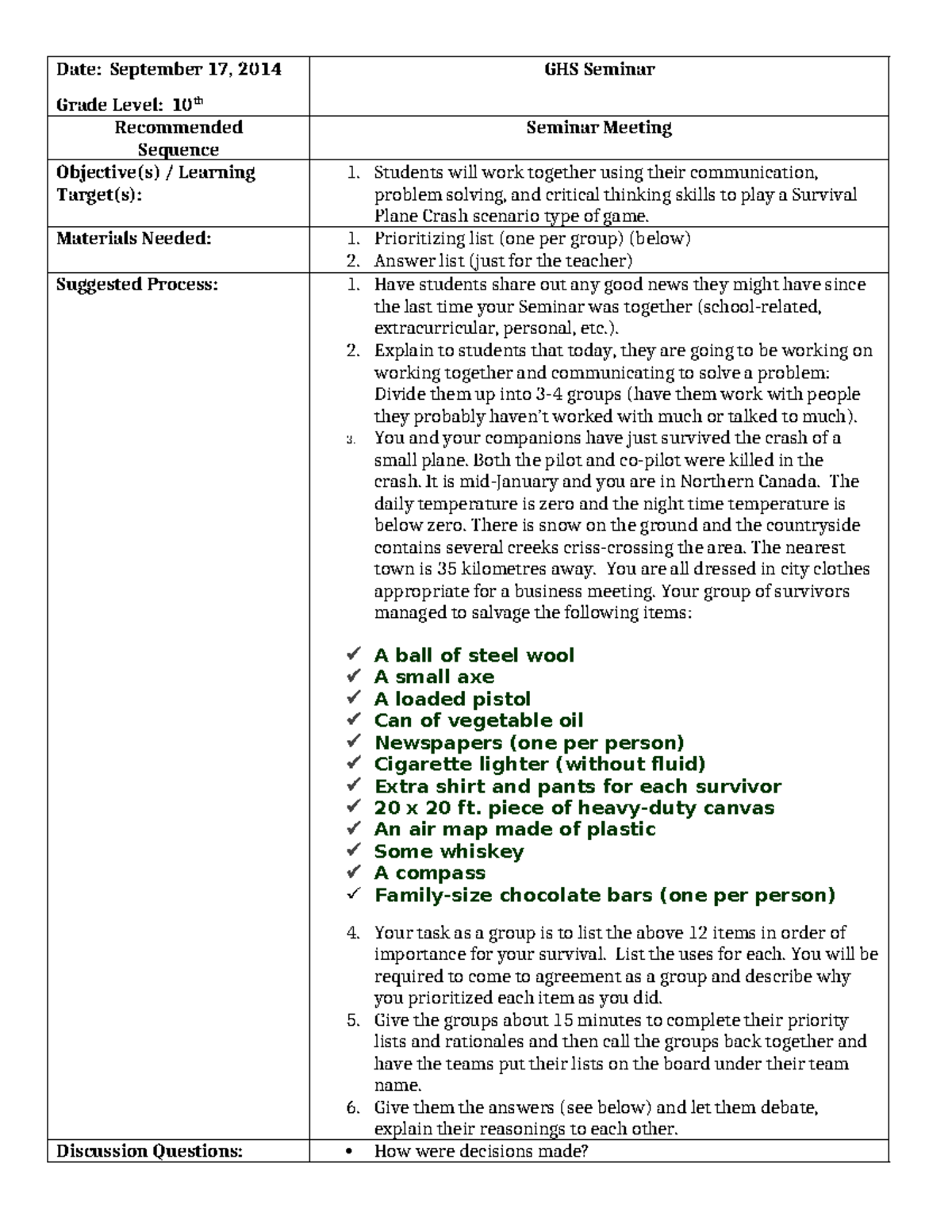 10th - Sept. 17, 2014 - Team Builder: Plane Crash Survival Activity ...