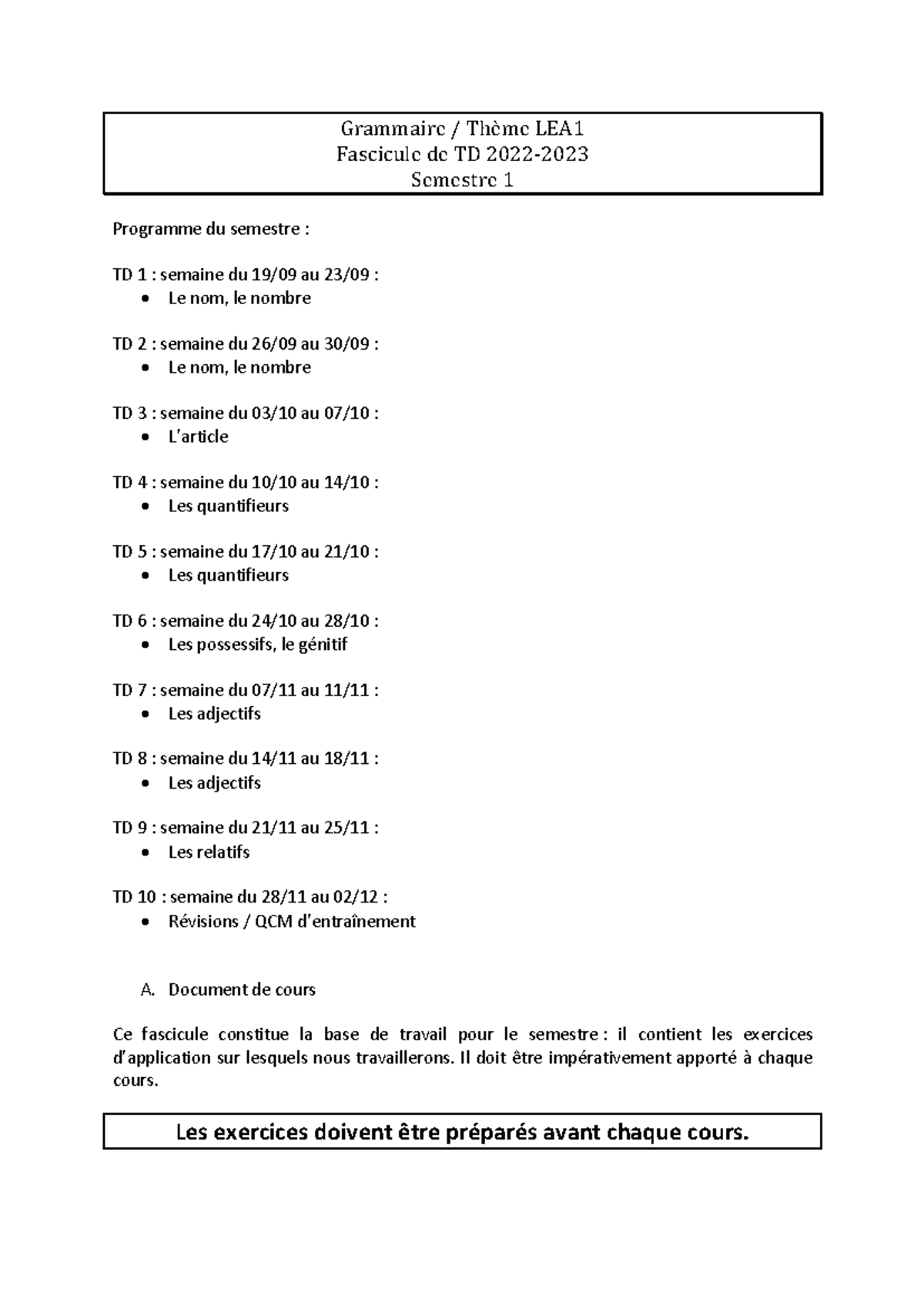 Fascicule TD Grammaire LEA 2022-2023 Semestre 1 - Étudiant - Studocu