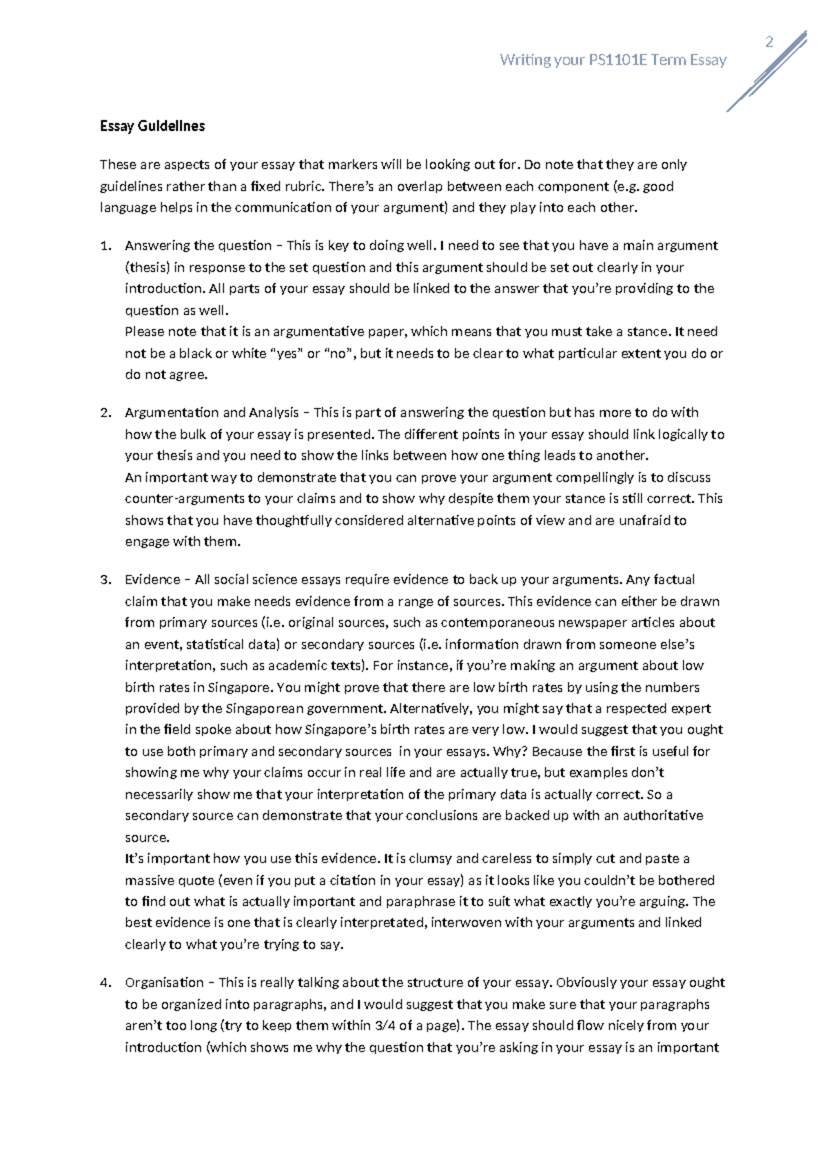 PS1101E Term Essay Writing Guidelines and Tips - Studocu