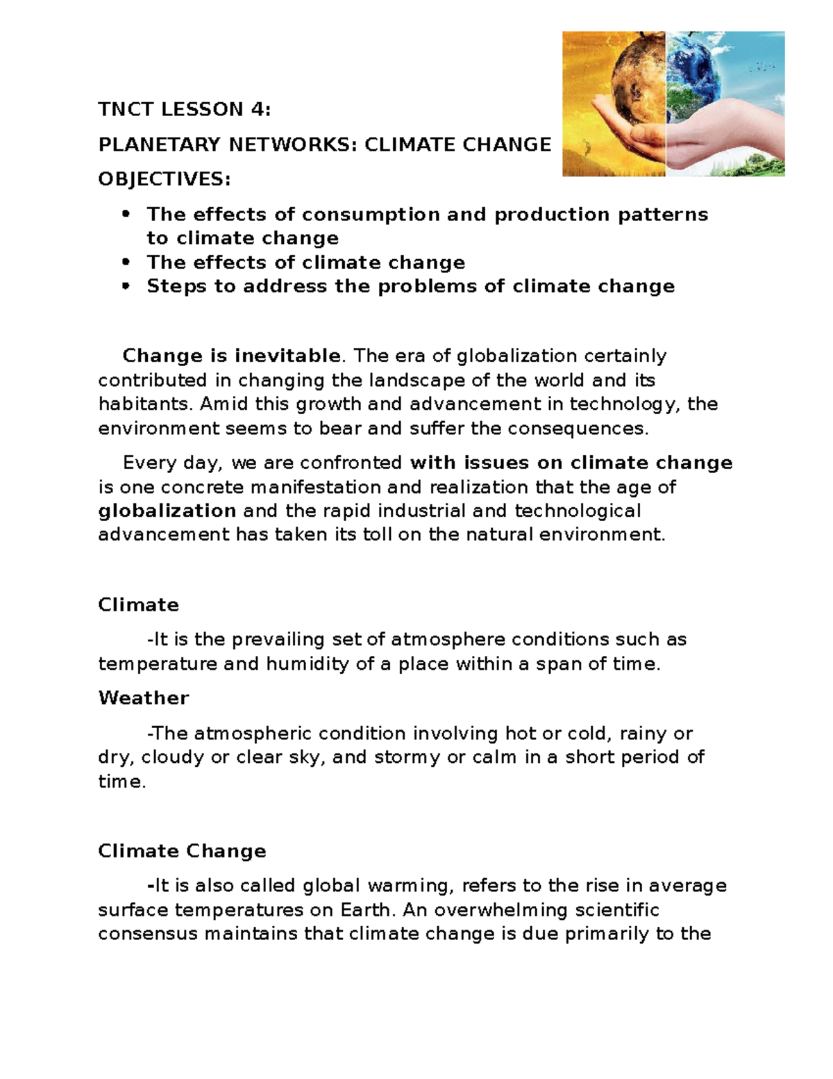 TNCT Lesson 4: Trends in Climate Change & Planetary Networks - Studocu