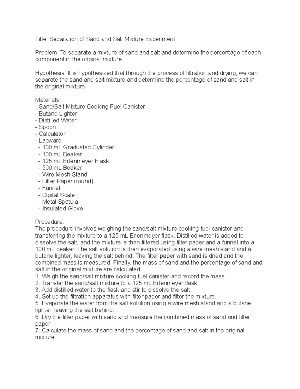 Separation of Sand and Salt Mixture Lab Report CH 3 - Studocu