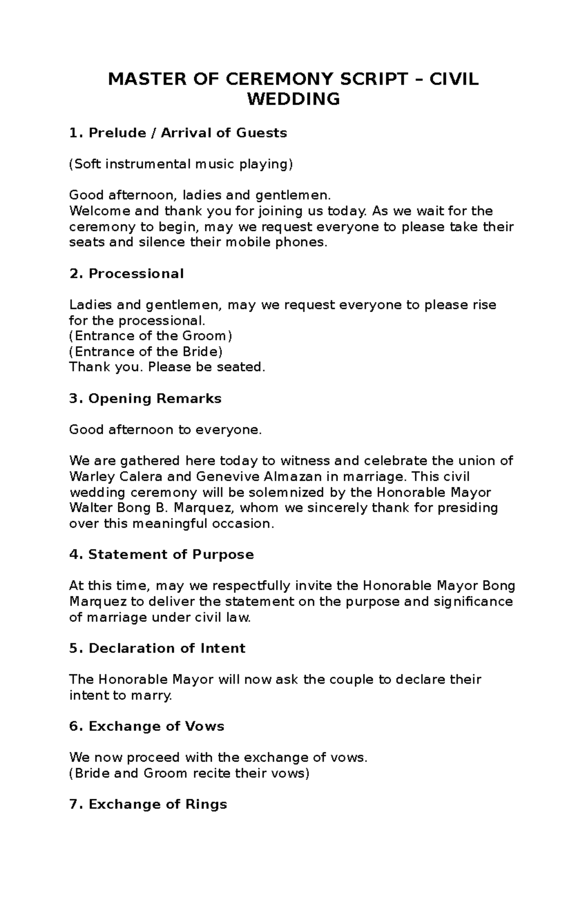 MASTER OF CEREMONY SCRIPT FOR CIVIL WEDDING - Studocu
