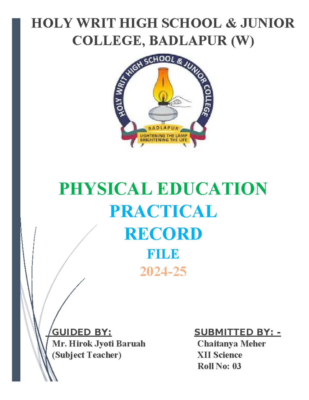 Class 12 practical cover page - Physical chemistry - HOLY WRIT HIGH ...