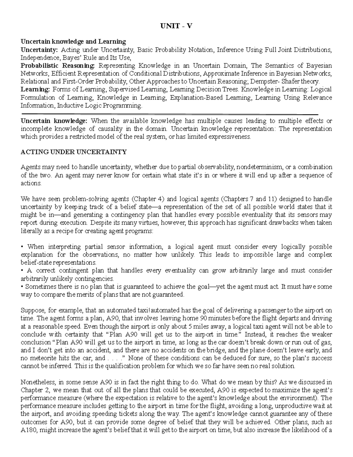 AI - Unit 5 - Uncertain Knowledge and Learning Concepts - Studocu