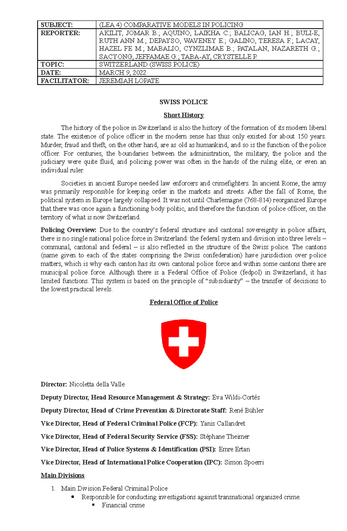 LEA 4 - Switzerland’s Policing System: A Comparative Overview - Studocu