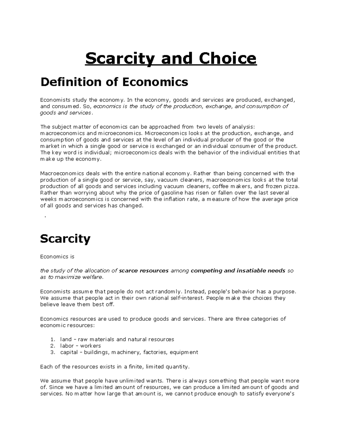 scarcity and choice - Scarcity and Choice Definition of Economics ...
